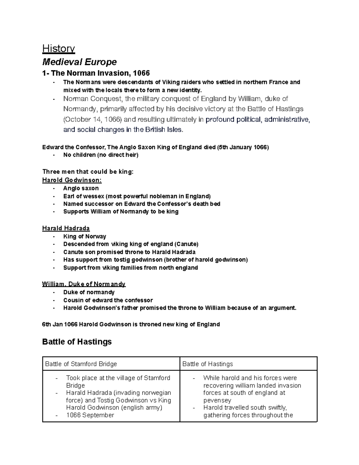 Medieval Europe Notes - History Medieval Europe 1- The Norman Invasion ...