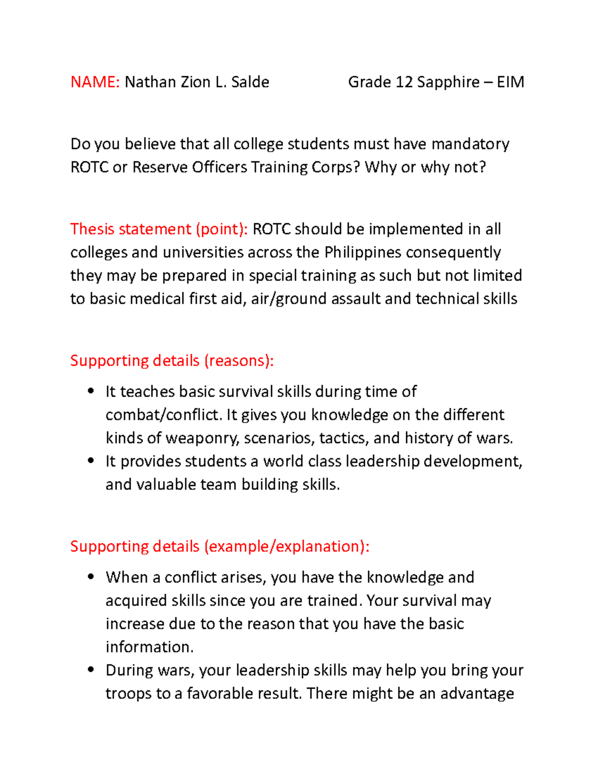 Thesis statement 3 - NAME: Nathan Zion L. Salde Grade 12 Sapphire – EIM ...