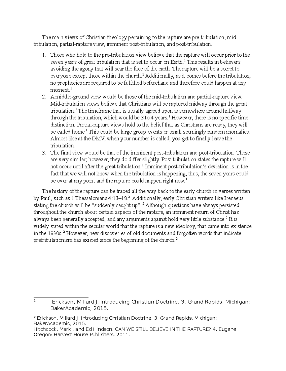 The Rapture Short Response Paper - The main views of Christian theology ...