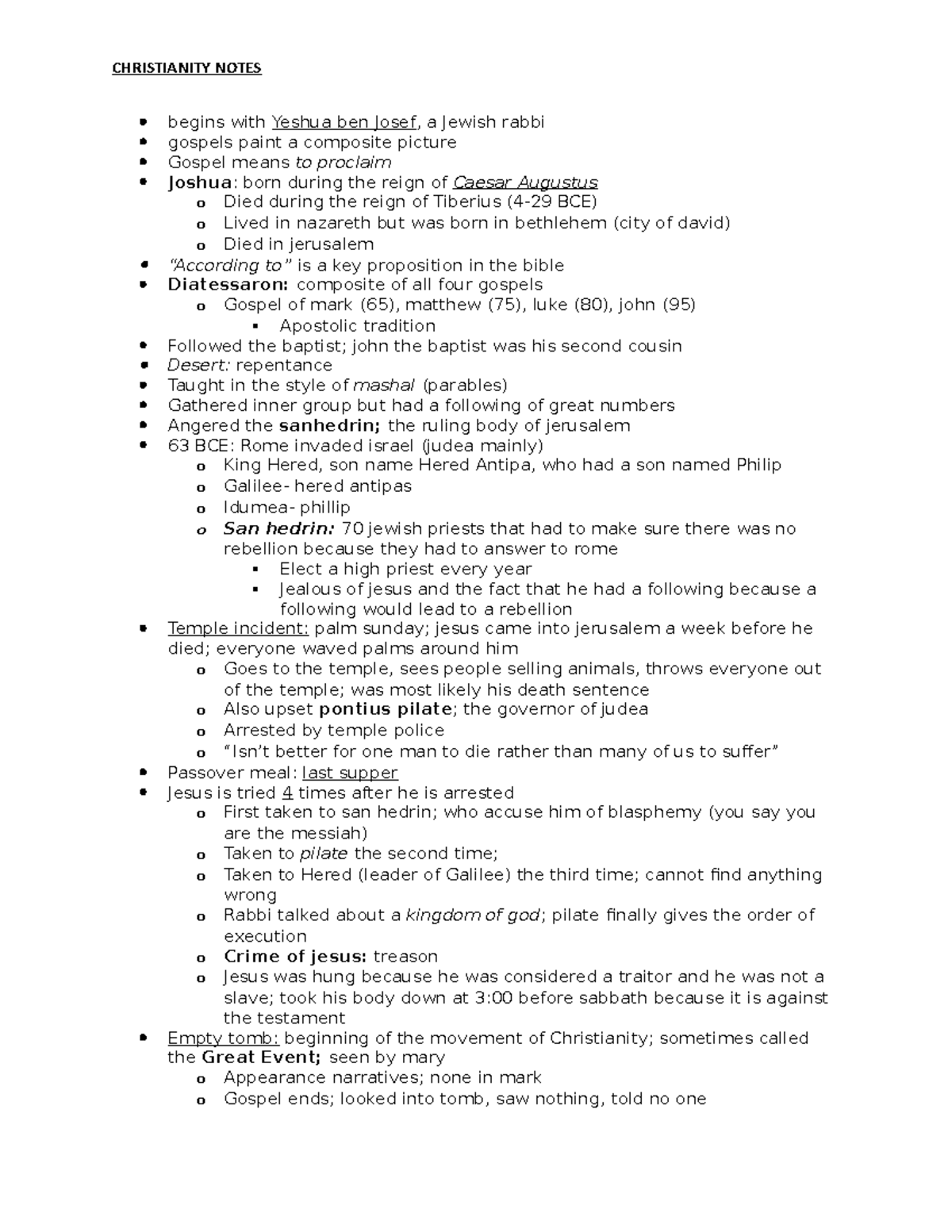 Rel 101 christianity notes - CHRISTIANITY NOTES begins with Yeshua ben ...