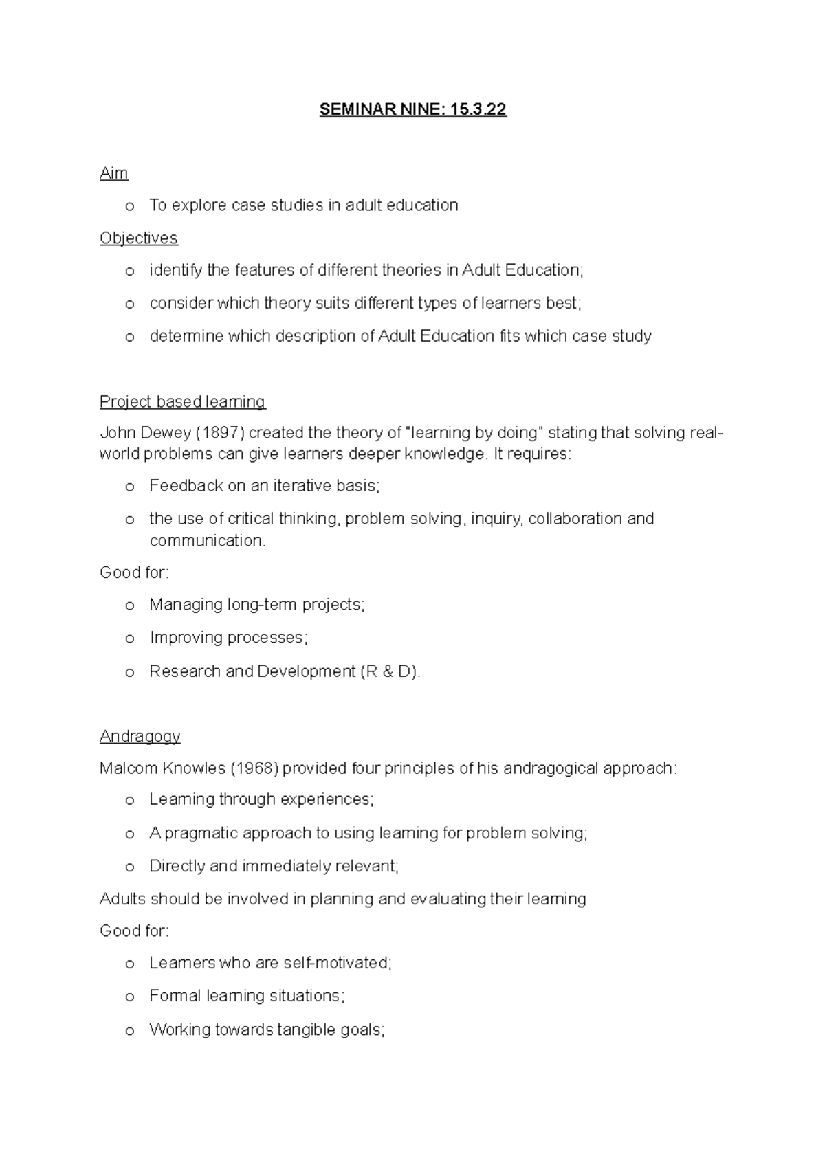 Seminar 9 - SEMINAR NINE: 15. Aim o To explore case studies in adult ...