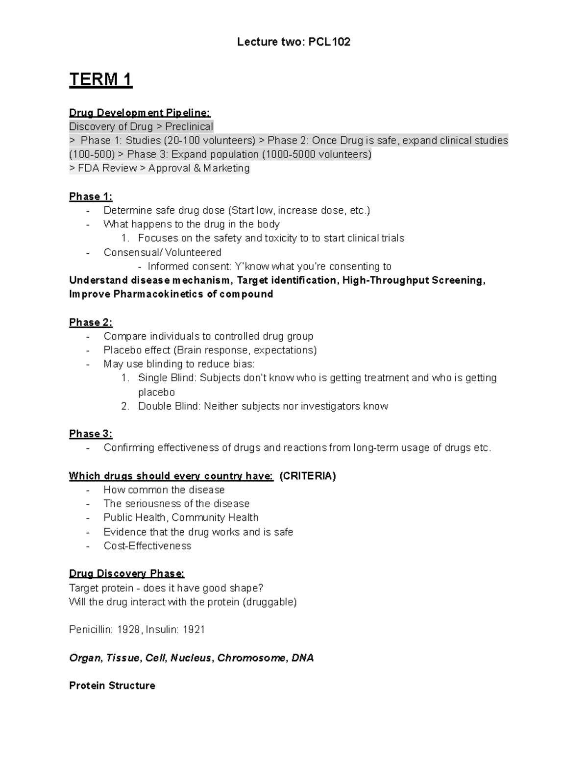 Lecture 2 PCL102 - Lecture two: PCL TERM 1 Drug Development Pipeline ...