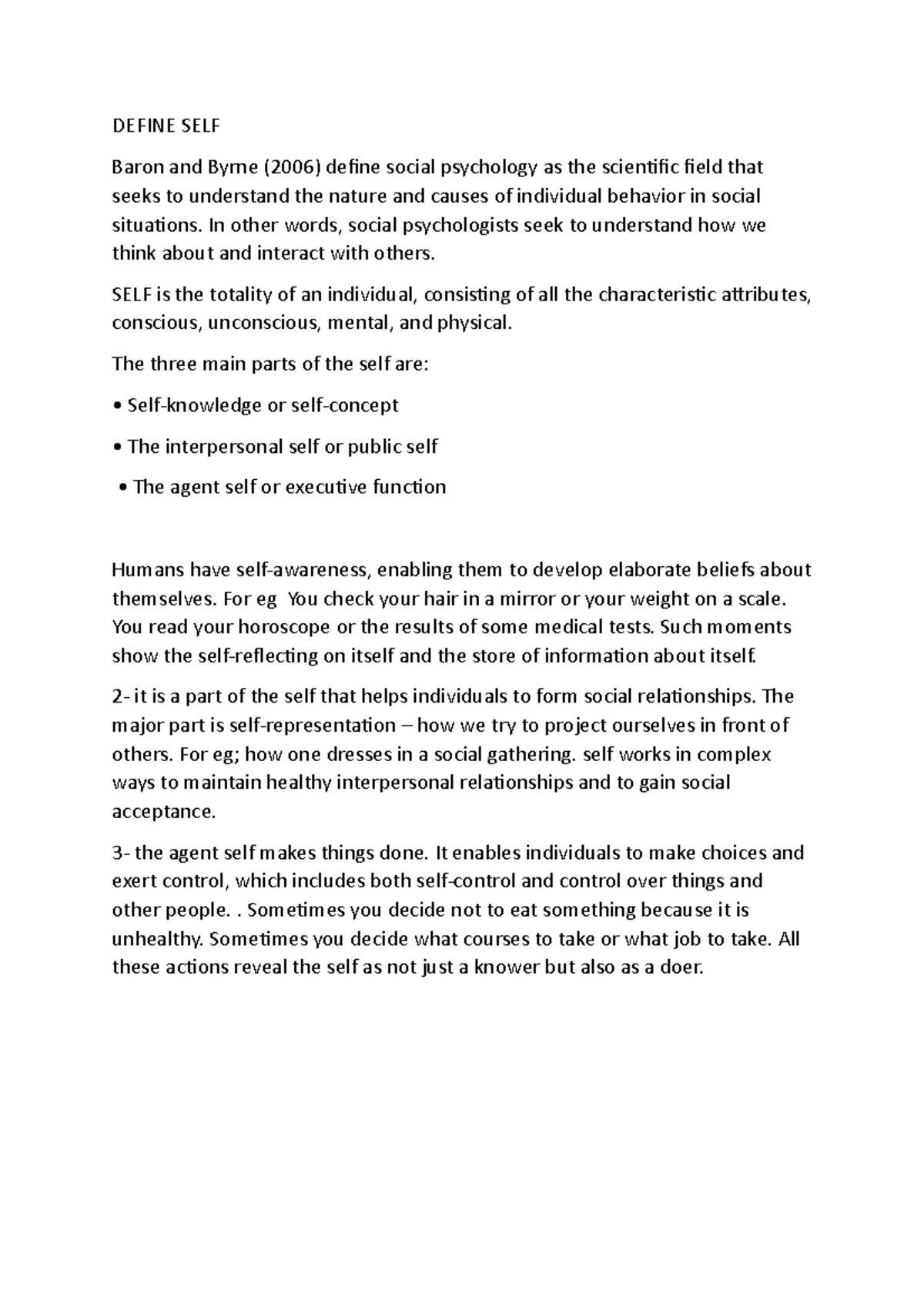 Define SELF - DEFINE SELF Baron and Byrne (2006) define social ...