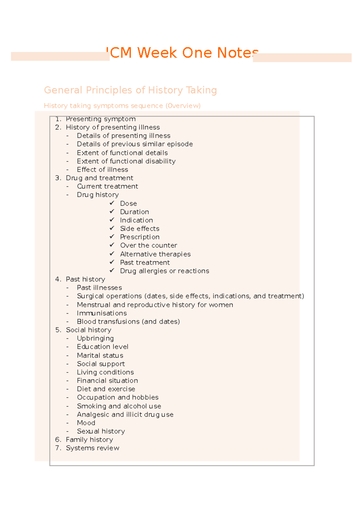 ICM Week One Notes - Basic history taking skills - ICM Week One Notes ...