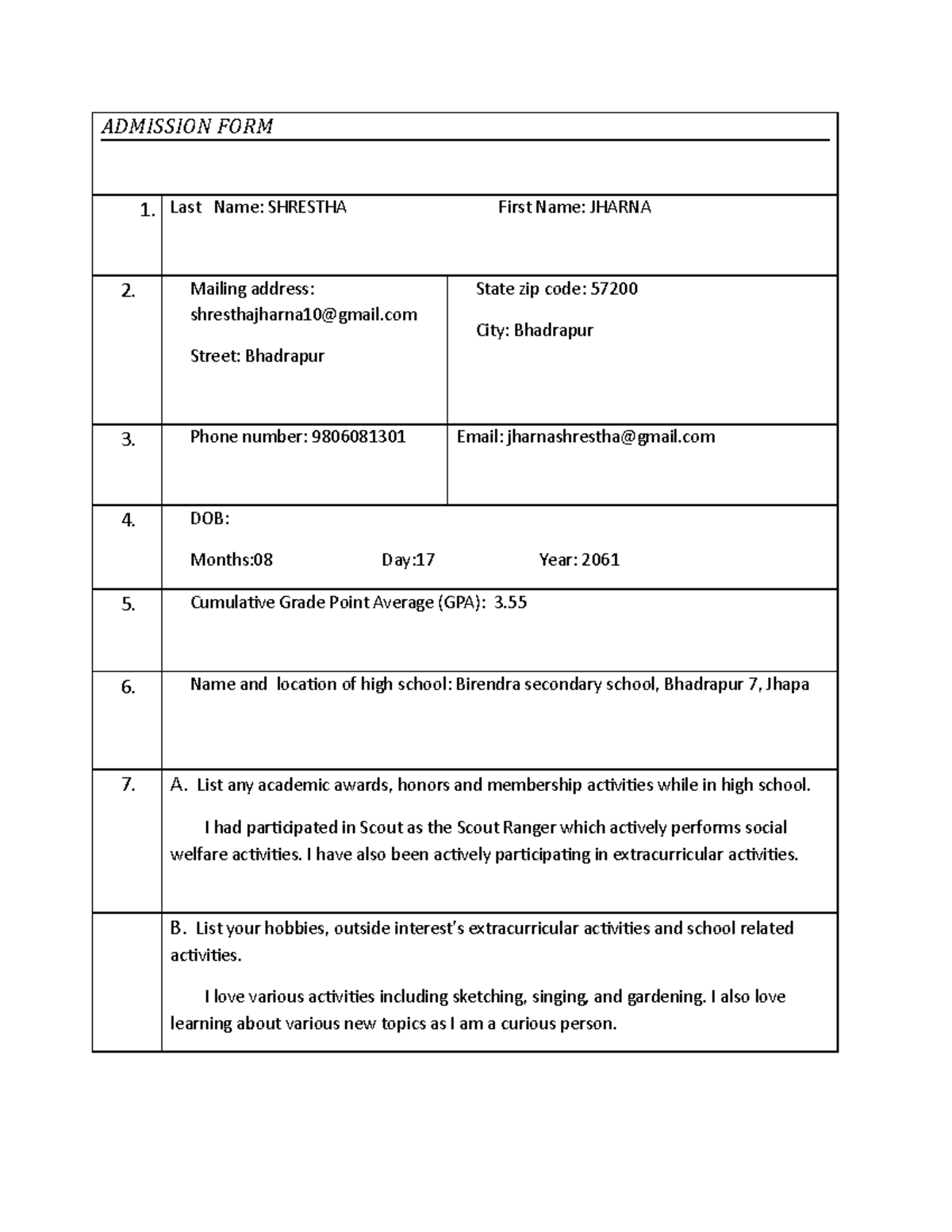 Fundamental Project Work - ADMISSION FORM 1. Last Name: SHRESTHA First ...
