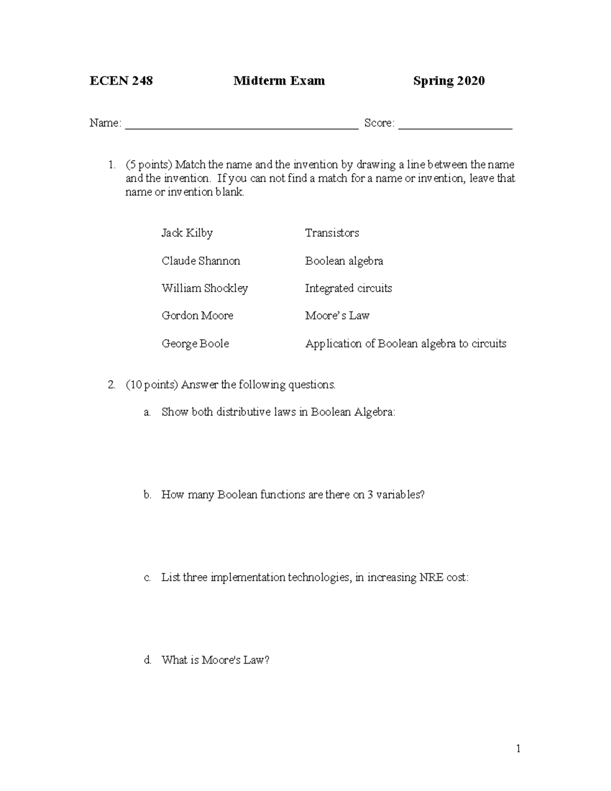 248spr20midterm - ECEN 248 Midterm Exam Spring 2020 Name ...