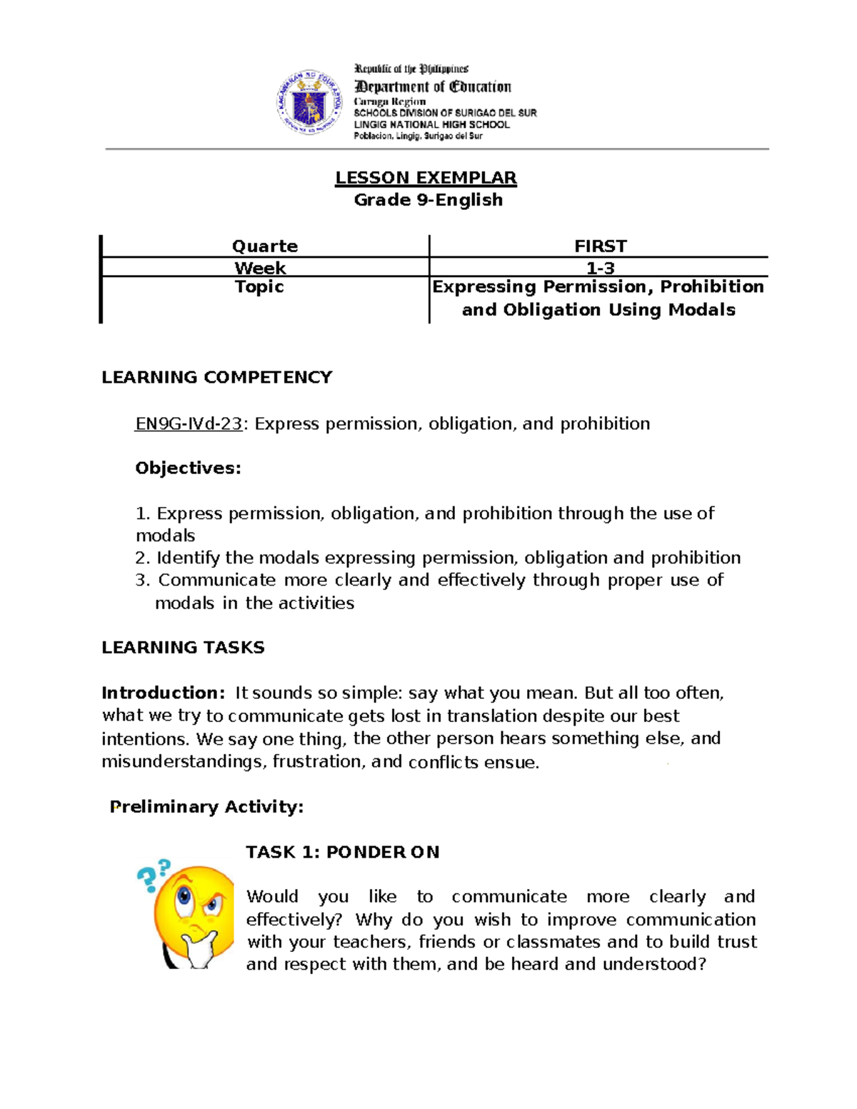 Supplementary Materials for English - L ESSON E X EM P L AR Grade 9 ...