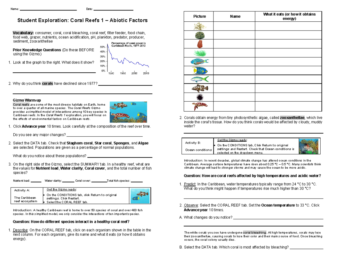 Coral Reef and Pollution Gizmo Lab v. 2.1 fillable - Name: Date ...