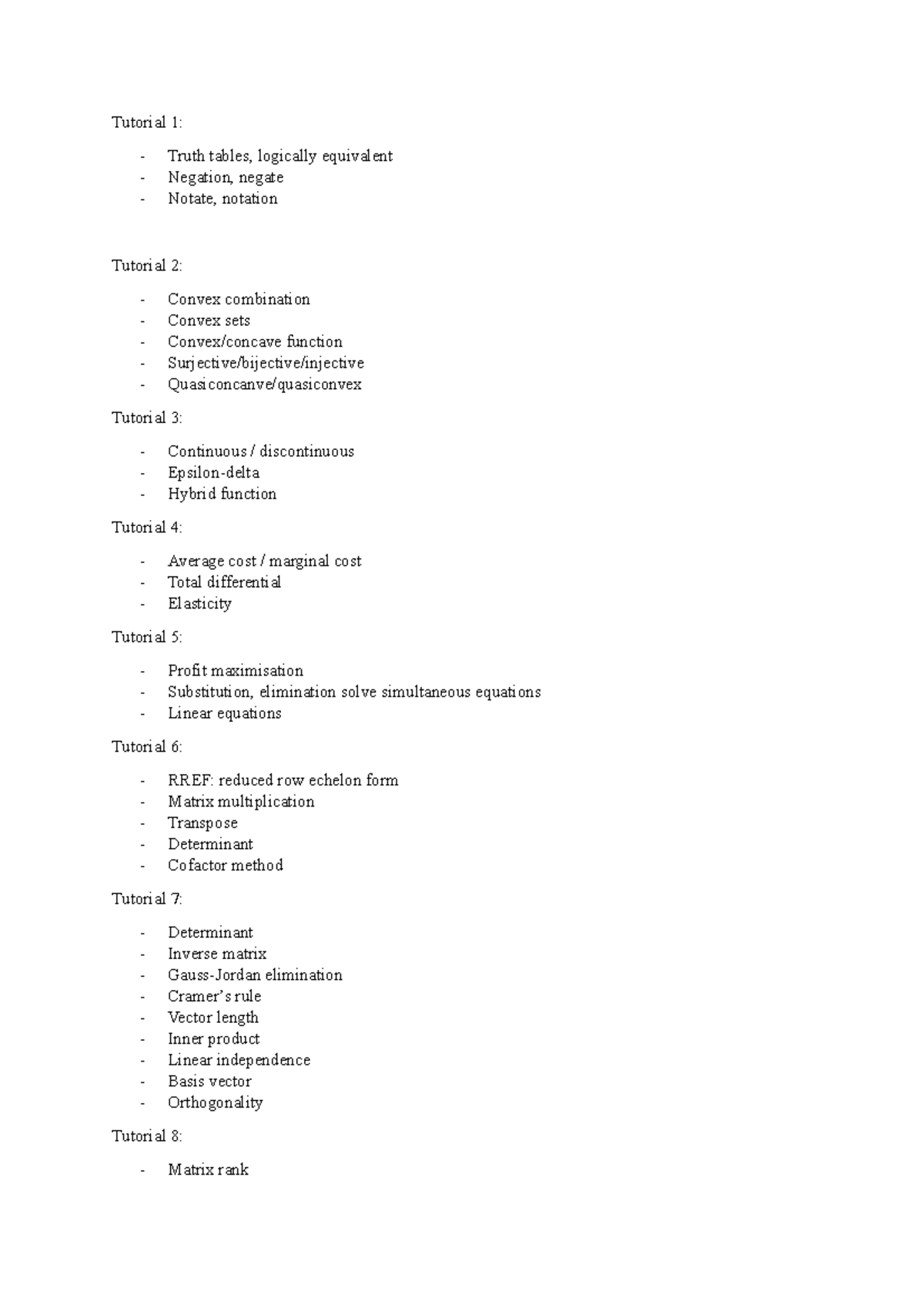 Tutorial Summary Sheet Tutorial 1 Truth Tables Logically Equivalent Negation Negate Notate