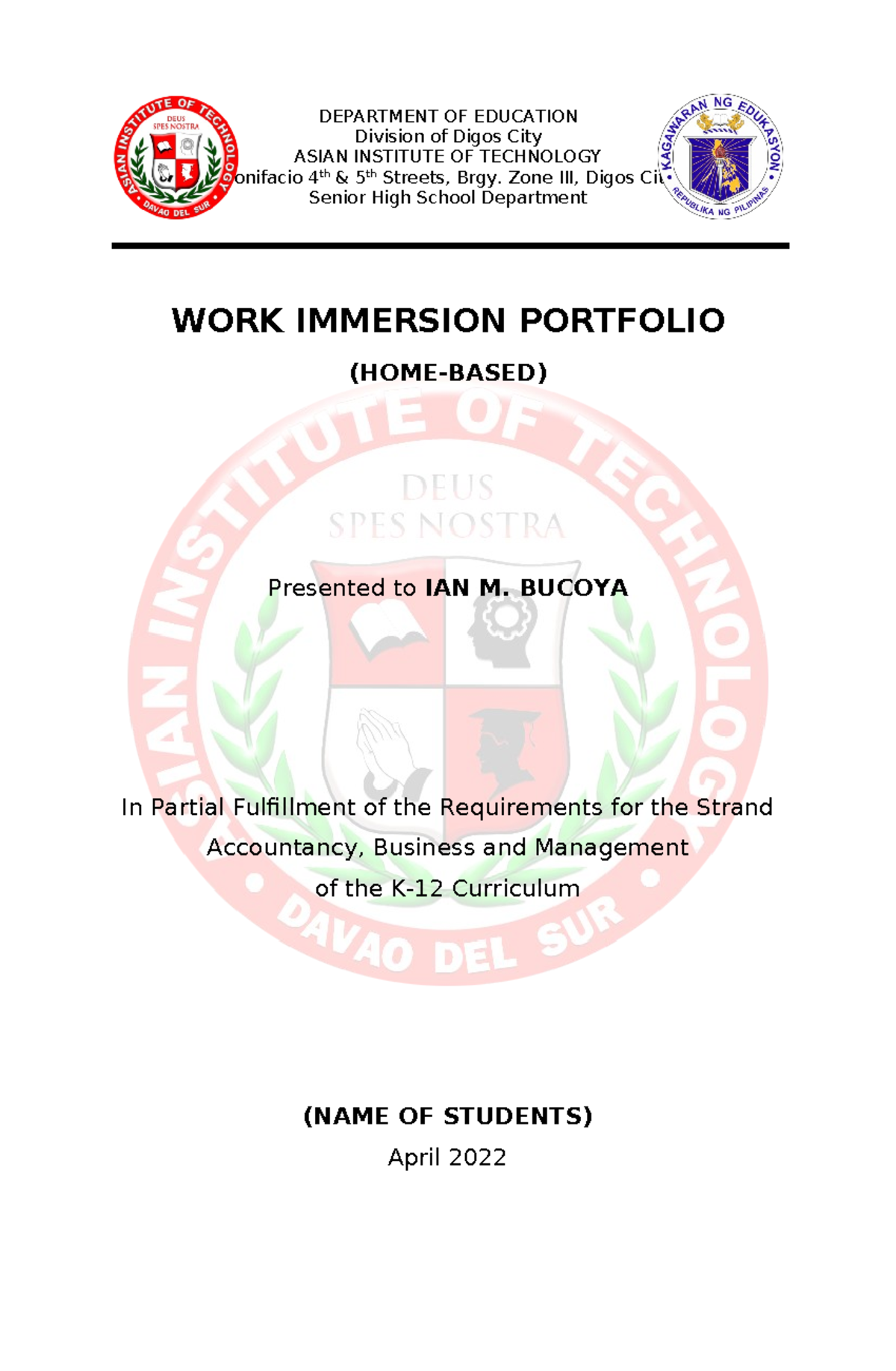 ABM Work Immersion Portfolio - DEPARTMENT OF EDUCATION Division of ...