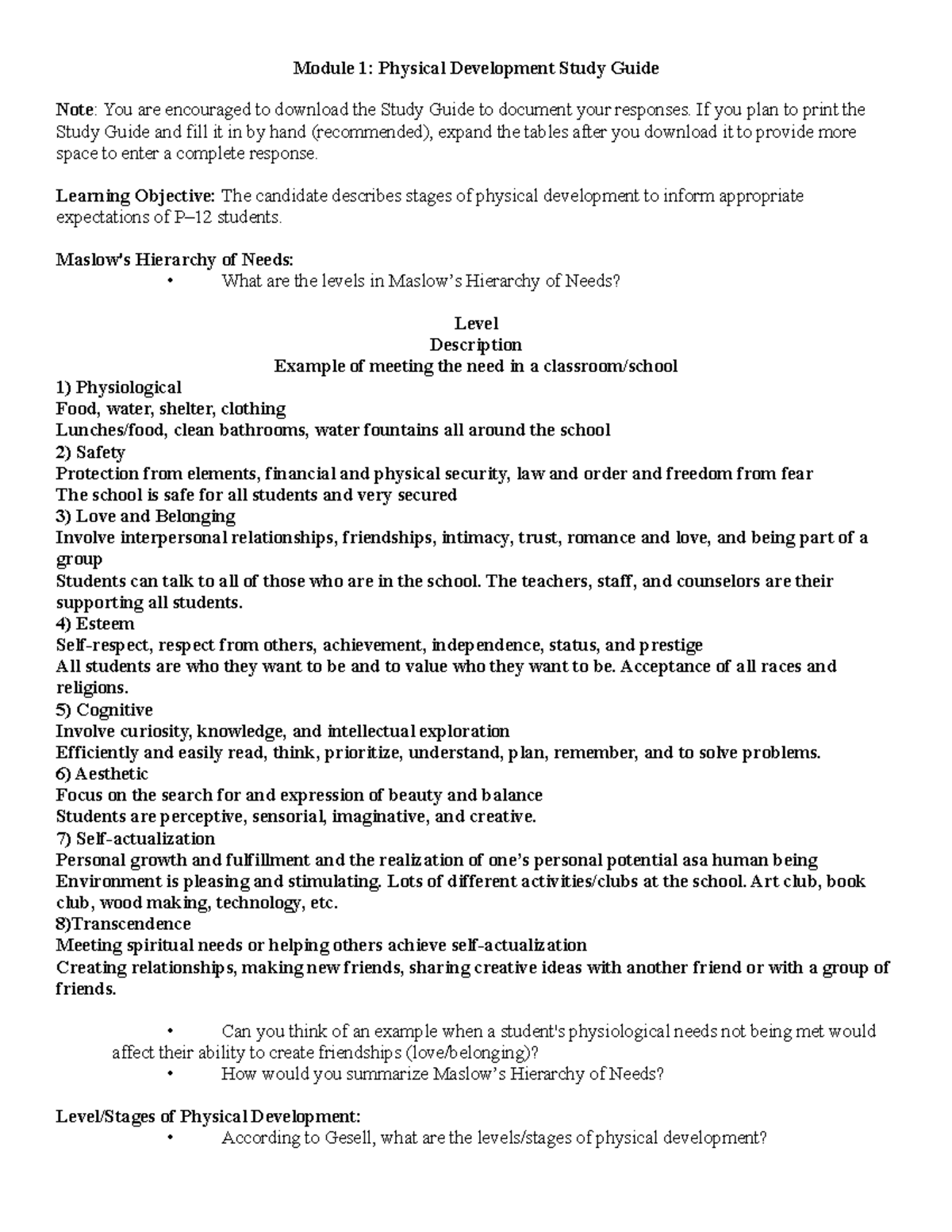 D094 D307 M1 Study Guide 1 - Module 1: Physical Development Study Guide ...