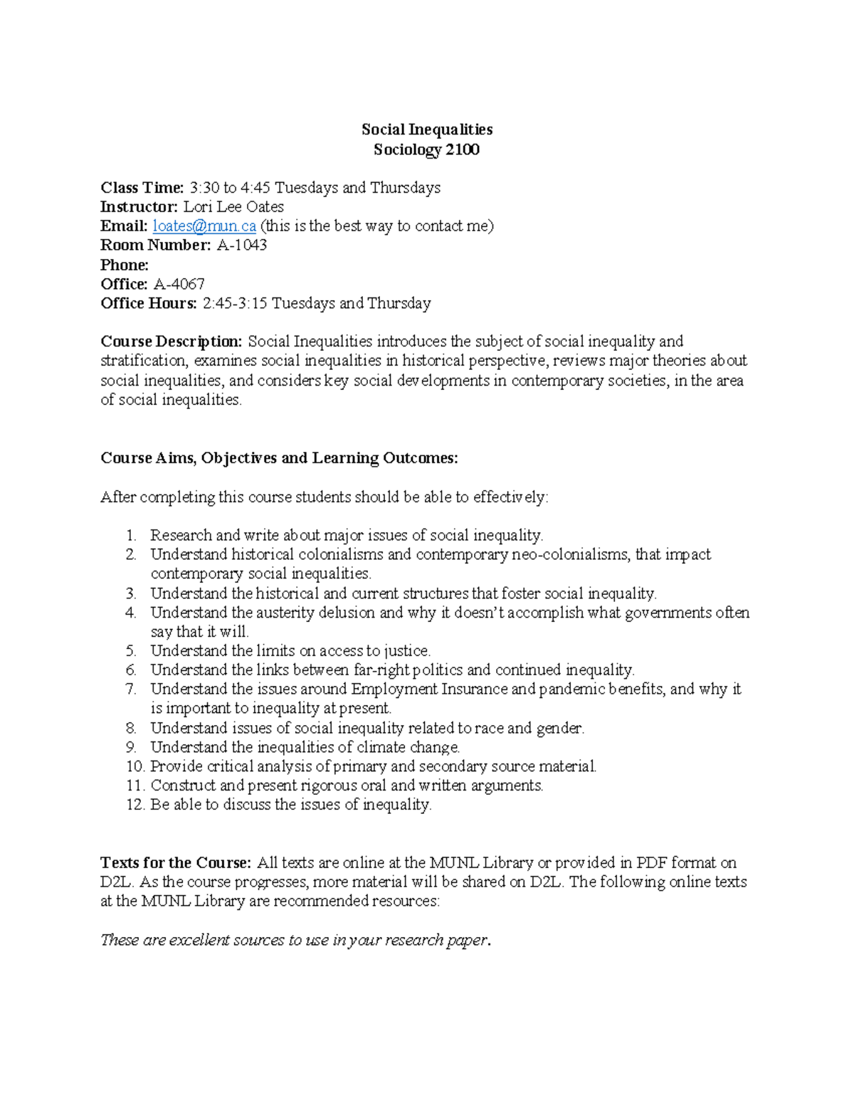 Syllabus Social inequalities - Social Inequalities Sociology 2100 Class ...