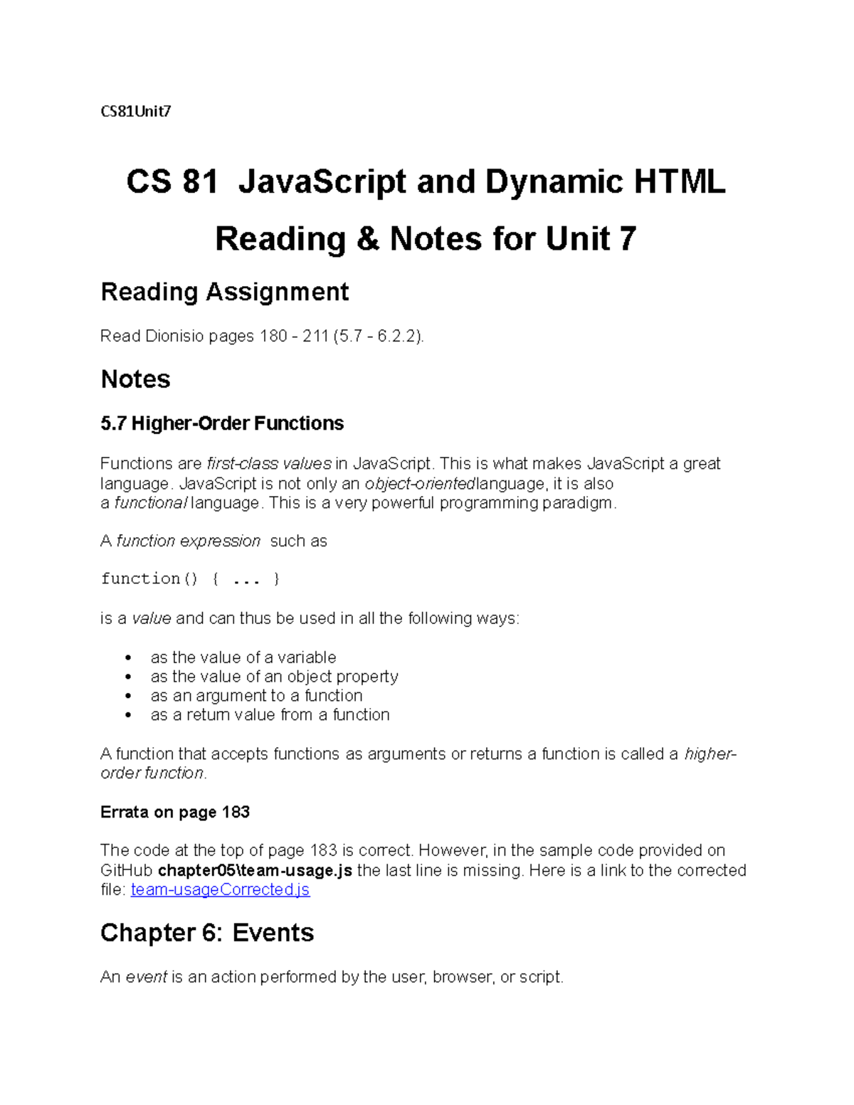 CS81Unit7 - module - CS81Unit7 CS 81 JavaScript and Dynamic HTML ...