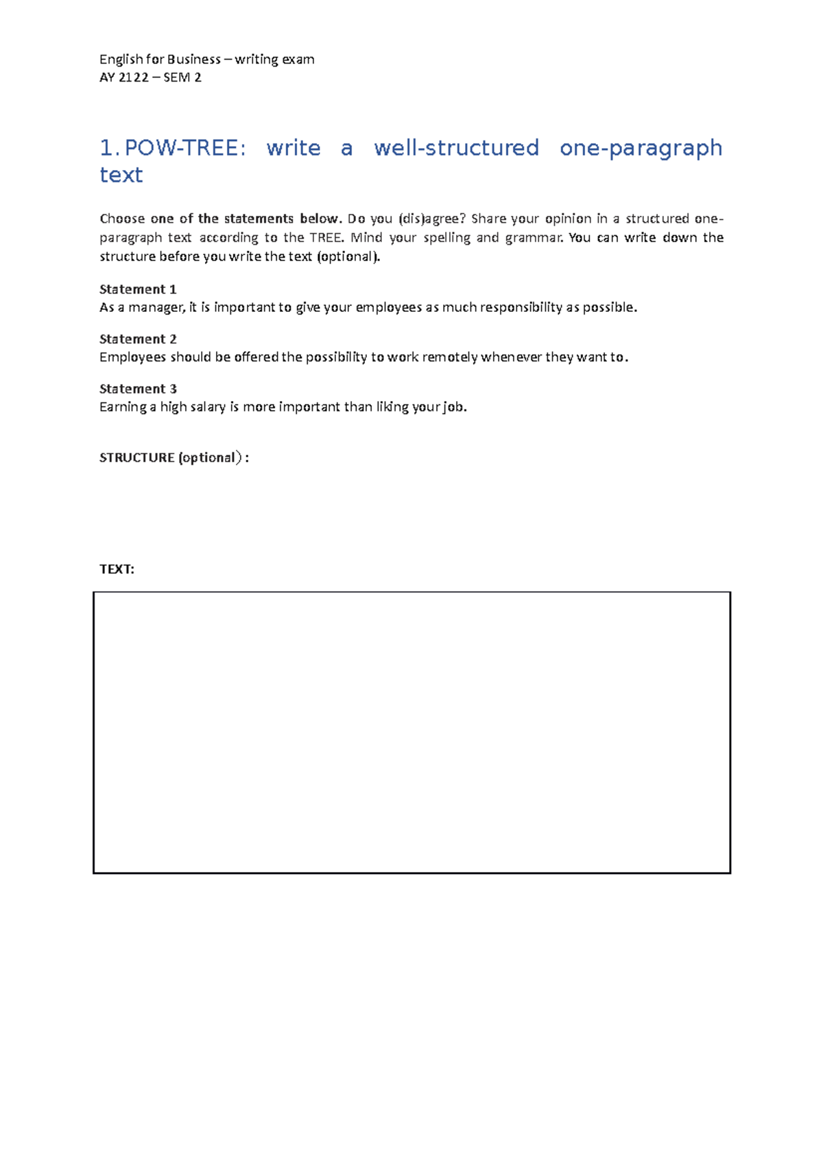 Writing exam - opgave schrijfexamen engels 1 BEM - English for Business ...