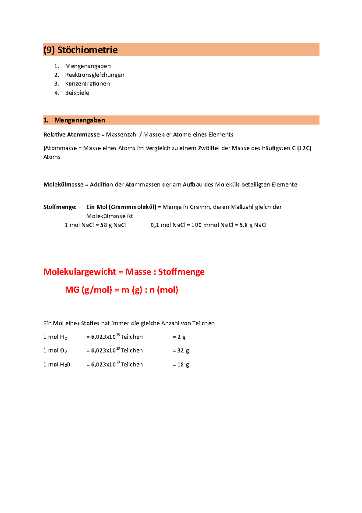 (9) Stöchiometrie - Stichworte: Relative Atommasse, Molekülmasse ...