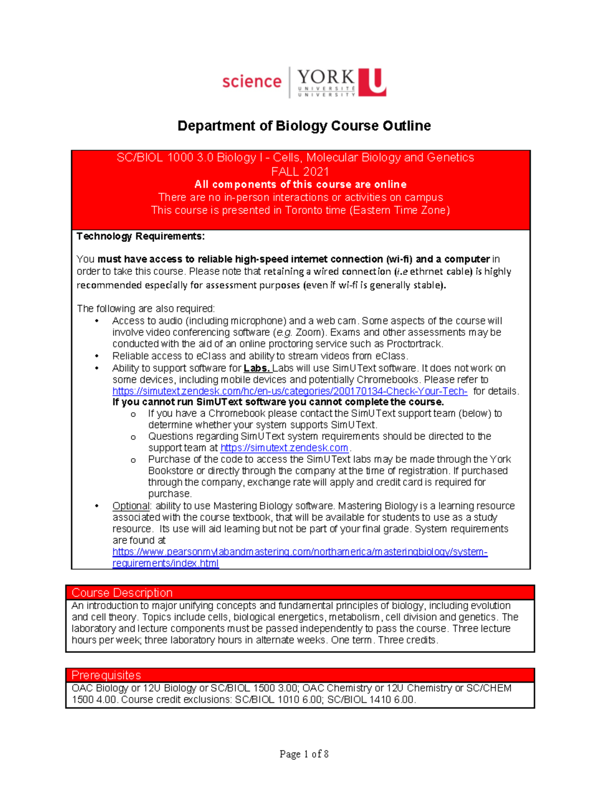 BIOL 1000 Fall 2021 Course Outline - Department of Biology Course ...