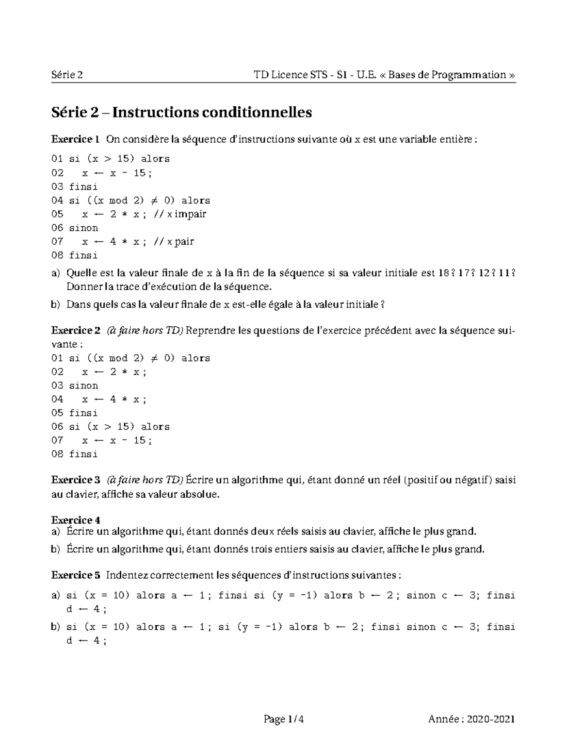 Série 2 – Instructions conditionnelles - Série 2 – Instructions ...