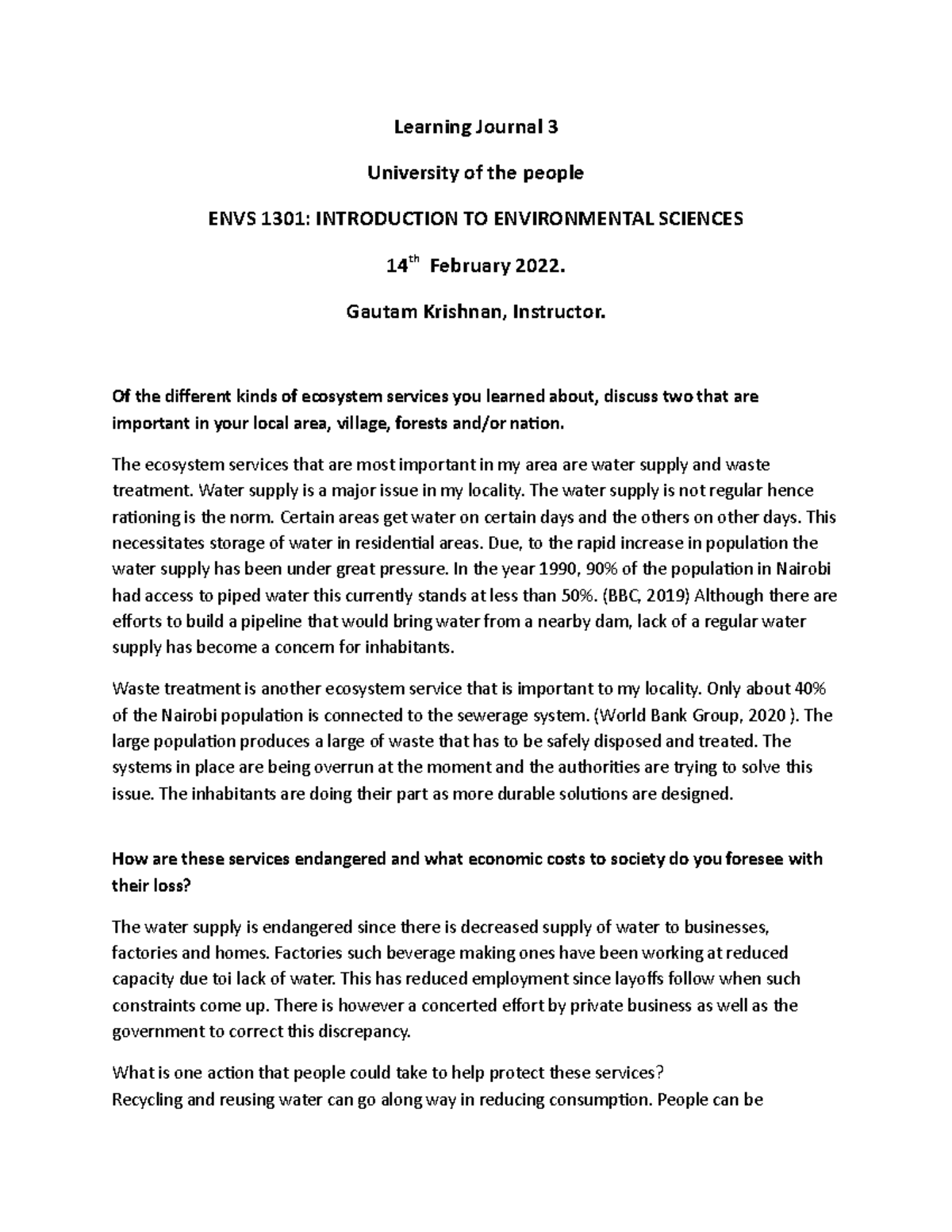 Learning journal 3 - Learning Journal 3 University of the people ENVS 1301: INTRODUCTION TO ...