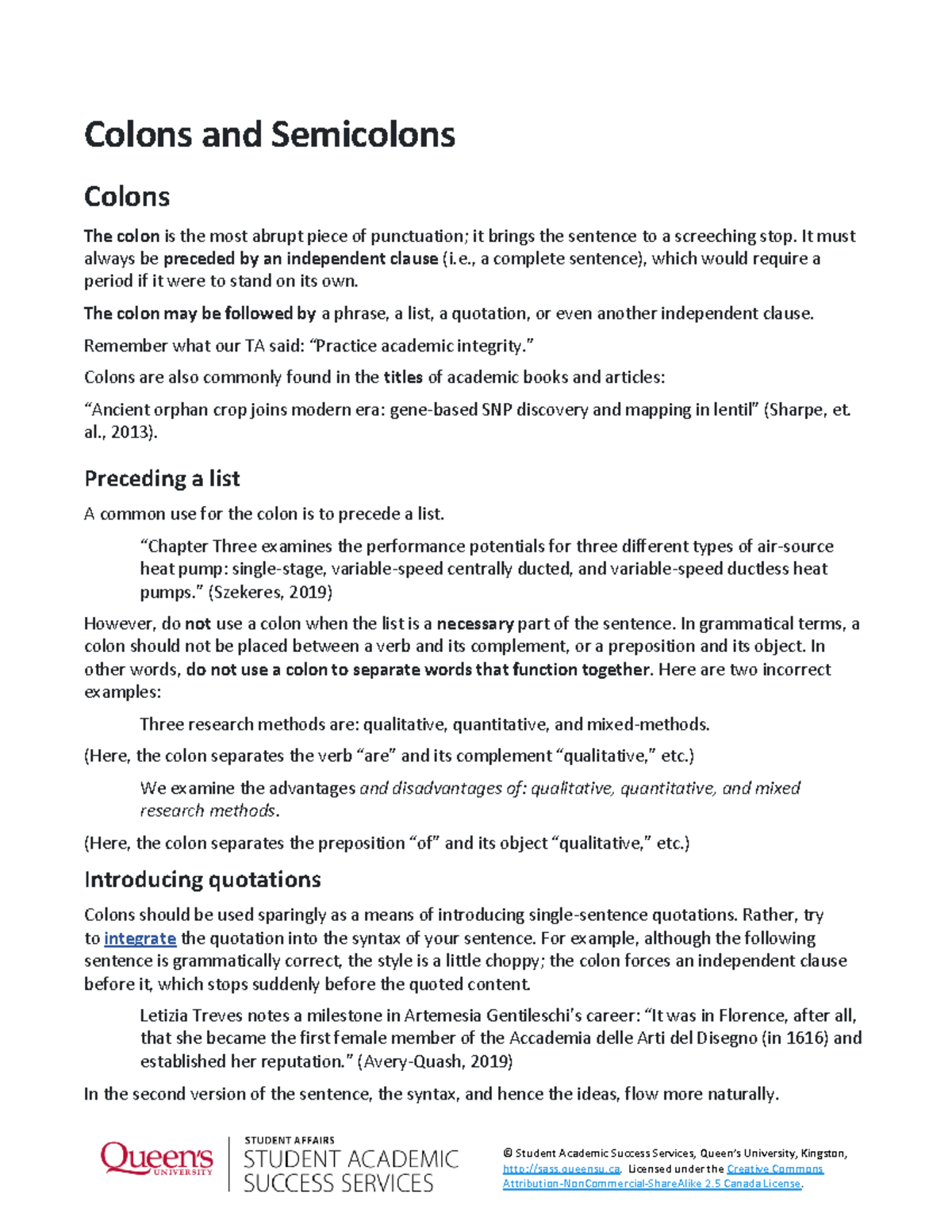 Colons and Semicolons - Handout aid for assignments - © Student ...