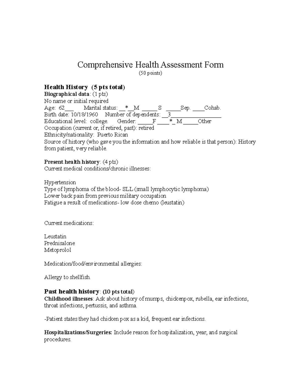 Comprehensive Health History Form Assignment - Comprehensive Health ...