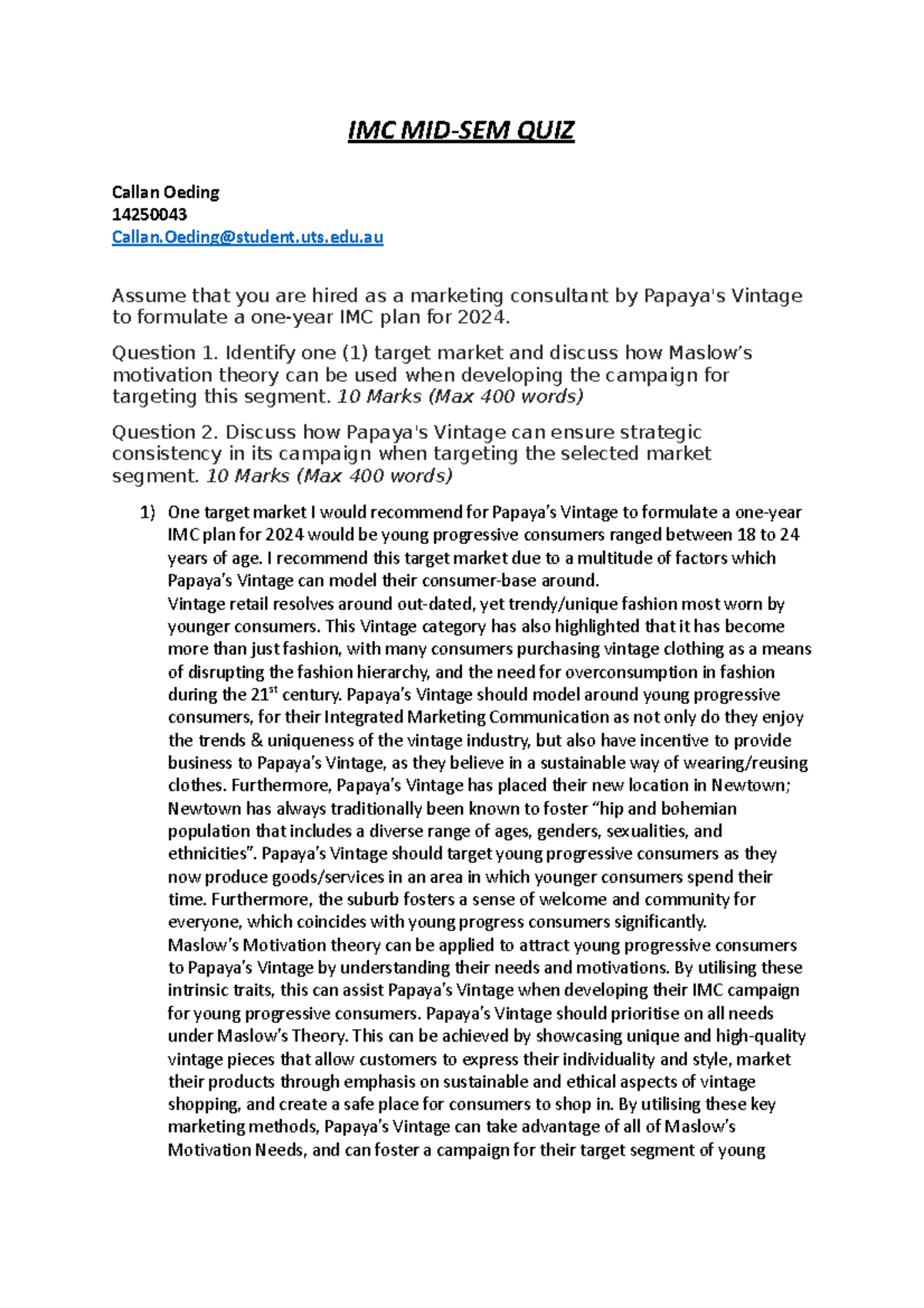 IMC MID - Practice Paper + Answers - IMC MID-SEM QUIZ Callan Oeding ...