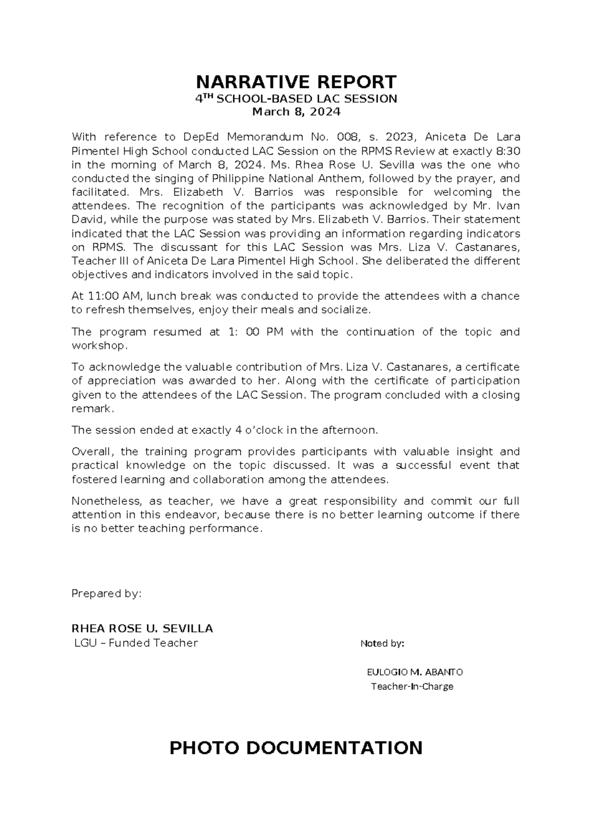 Narrative LAC-1 - NARRATIVE REPORT 4 TH SCHOOL-BASED LAC SESSION March ...