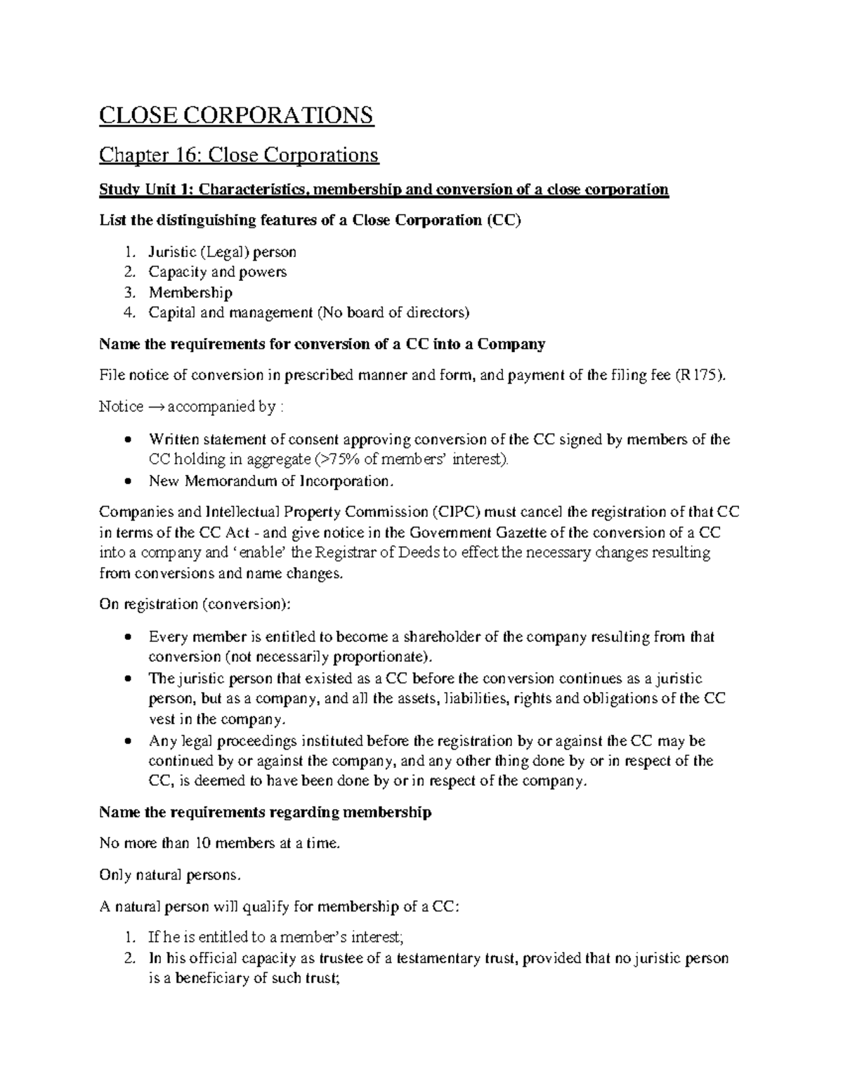 Close Corporations - Notice → accompanied by : Written statement of ...
