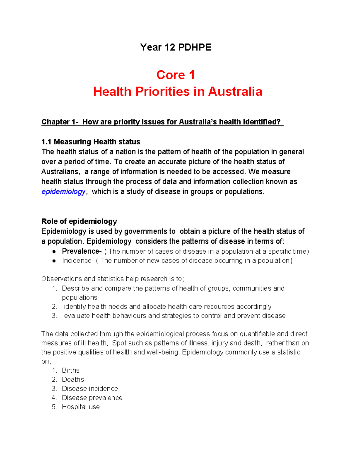 Pdhpe HSC Core 1- Health priorities - Year 12 PDHPE Core 1 Health ...