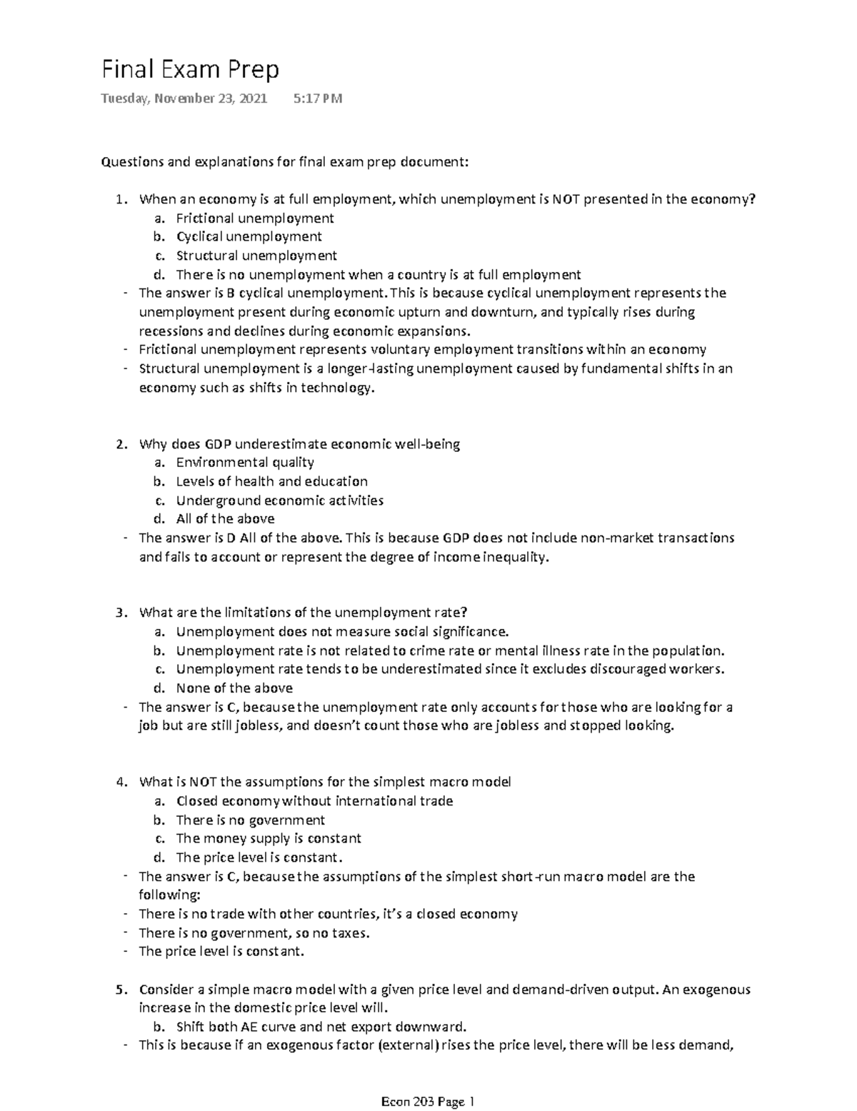 Final Exam Prep document - Questions and explanations for final exam ...