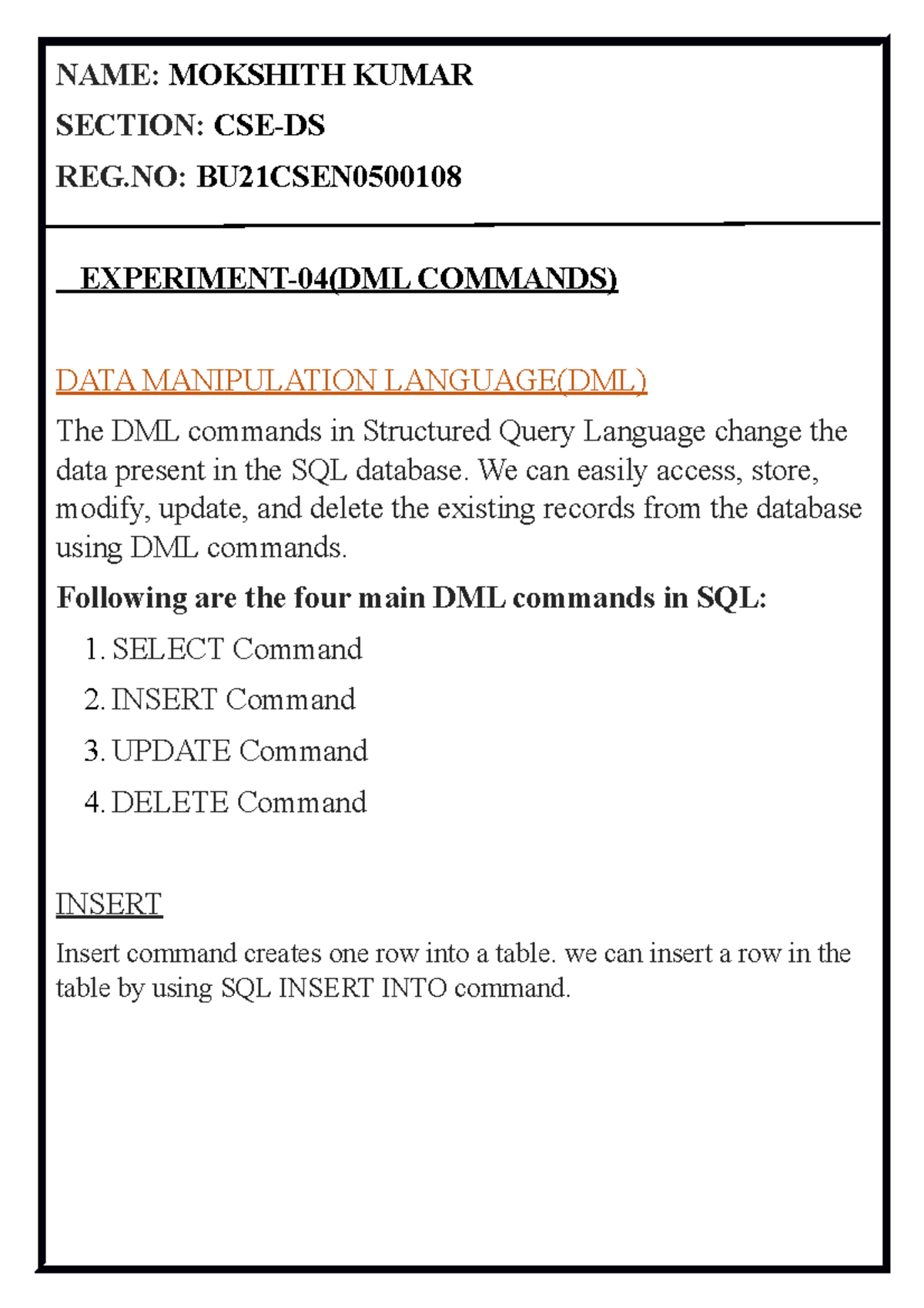 NEW DBMS WORD 4 - lab experiment - NAME: MOKSHITH KUMAR SECTION: CSE-DS REG: BU21CSEN - Studocu