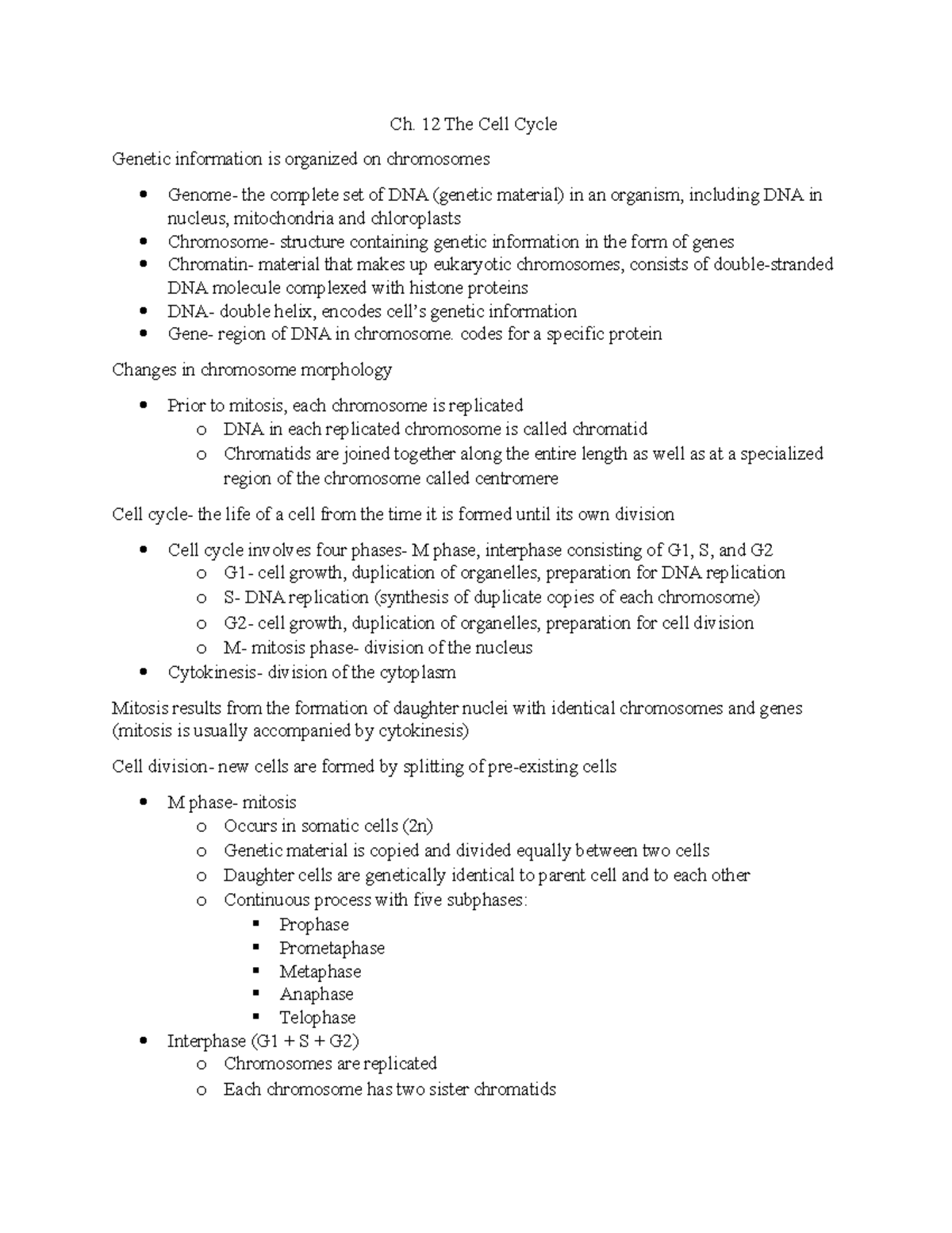 Biol ch 12 - Laxmi Sagwan-Barkdoll - Ch. 12 The Cell Cycle Genetic ...