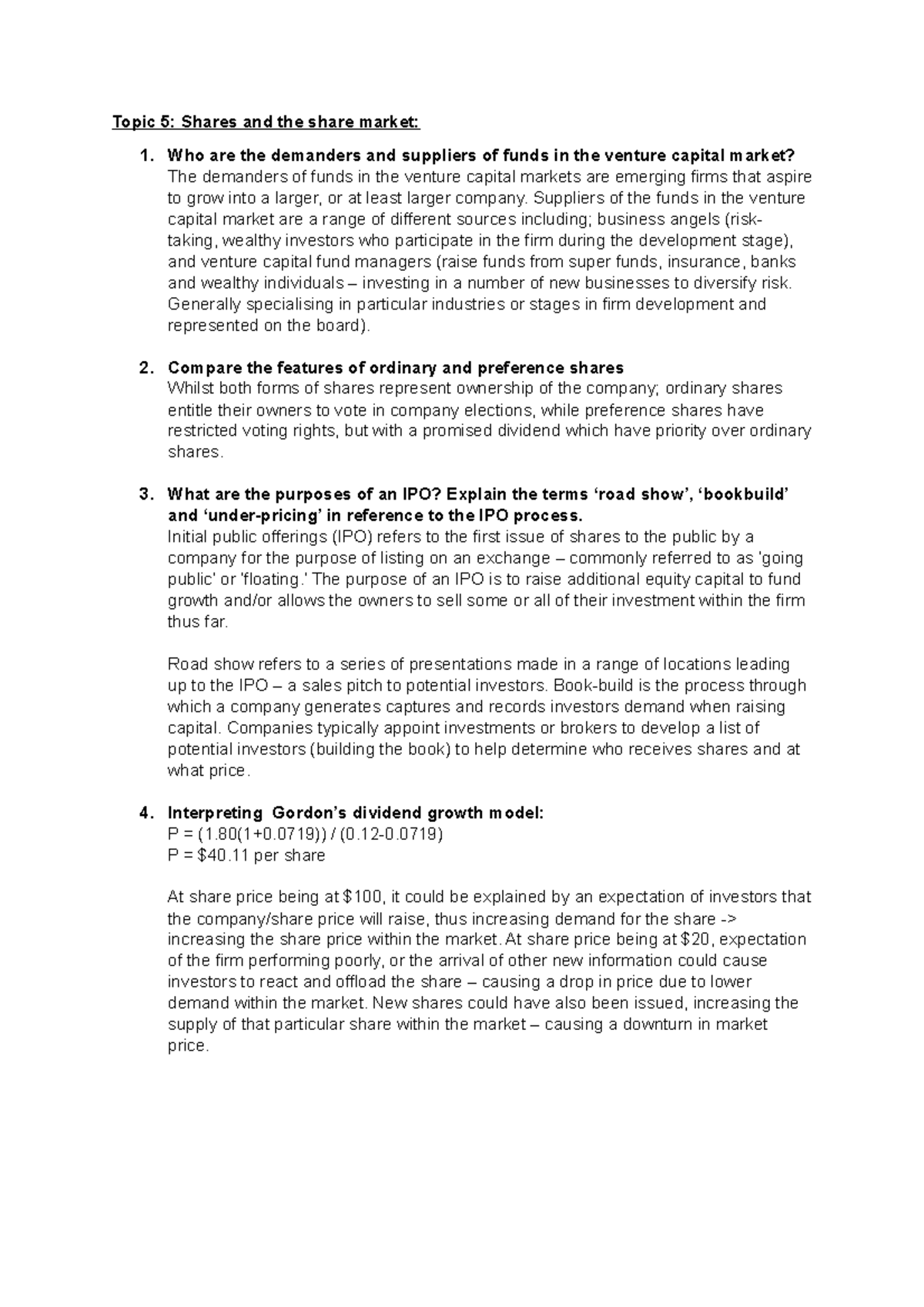 Tutorial Topic 5 HW - Topic 5: Shares and the share market: 1. Who are ...