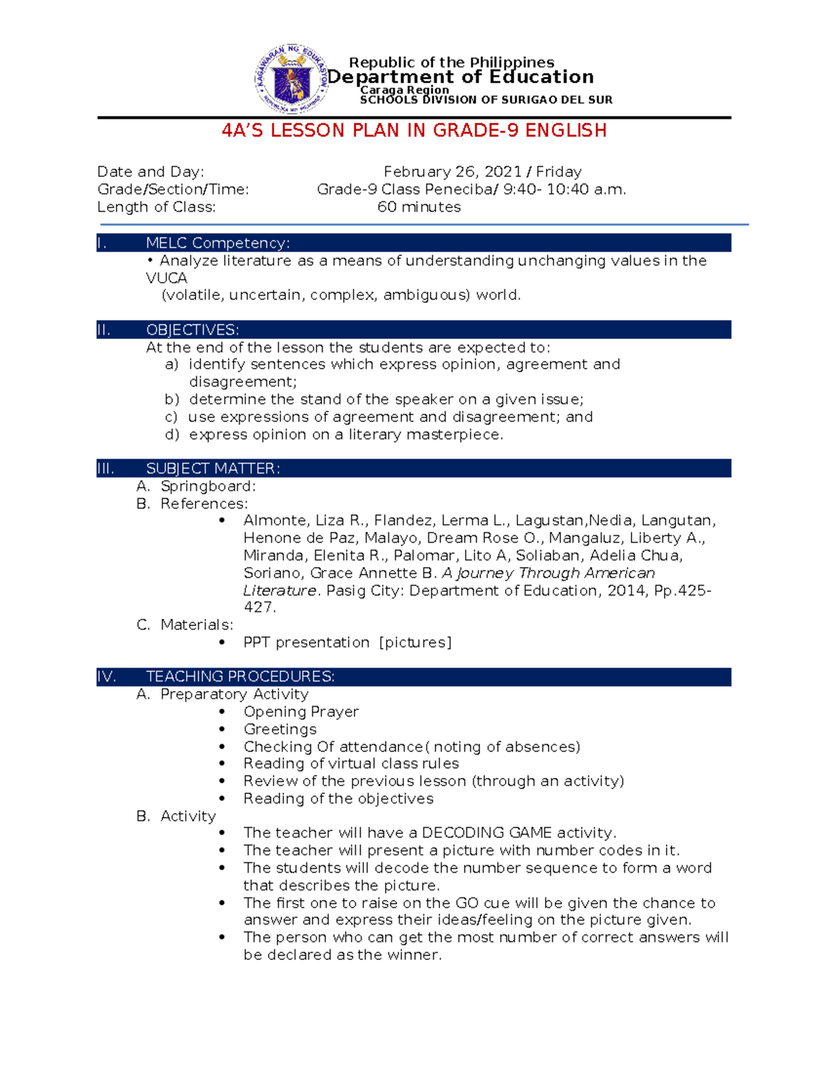 COT-LP - Republic of the Philippines Department of Education Caraga ...