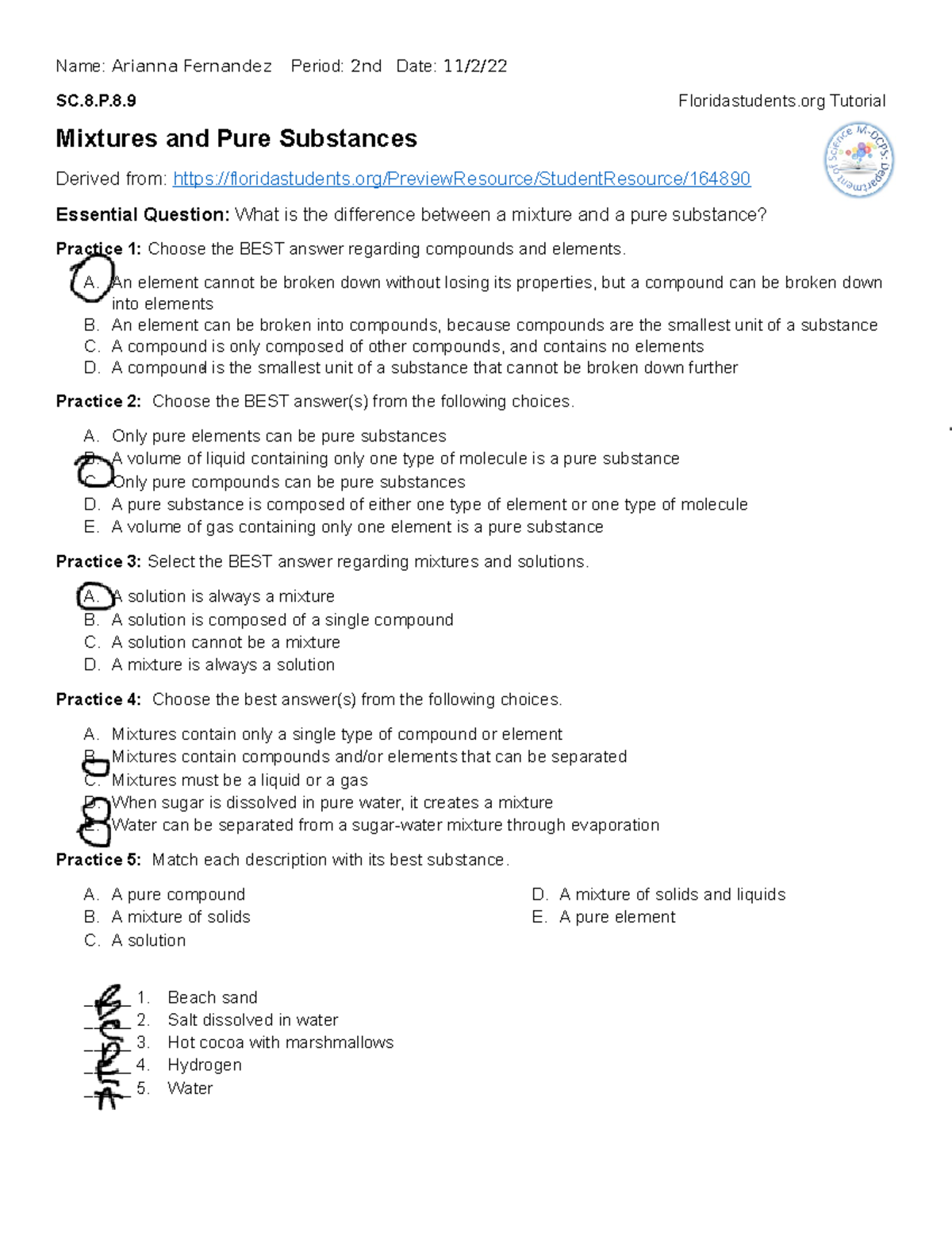 Pure Substances and Mixtures Tutorial copy - Name: Arianna Fernandez ...