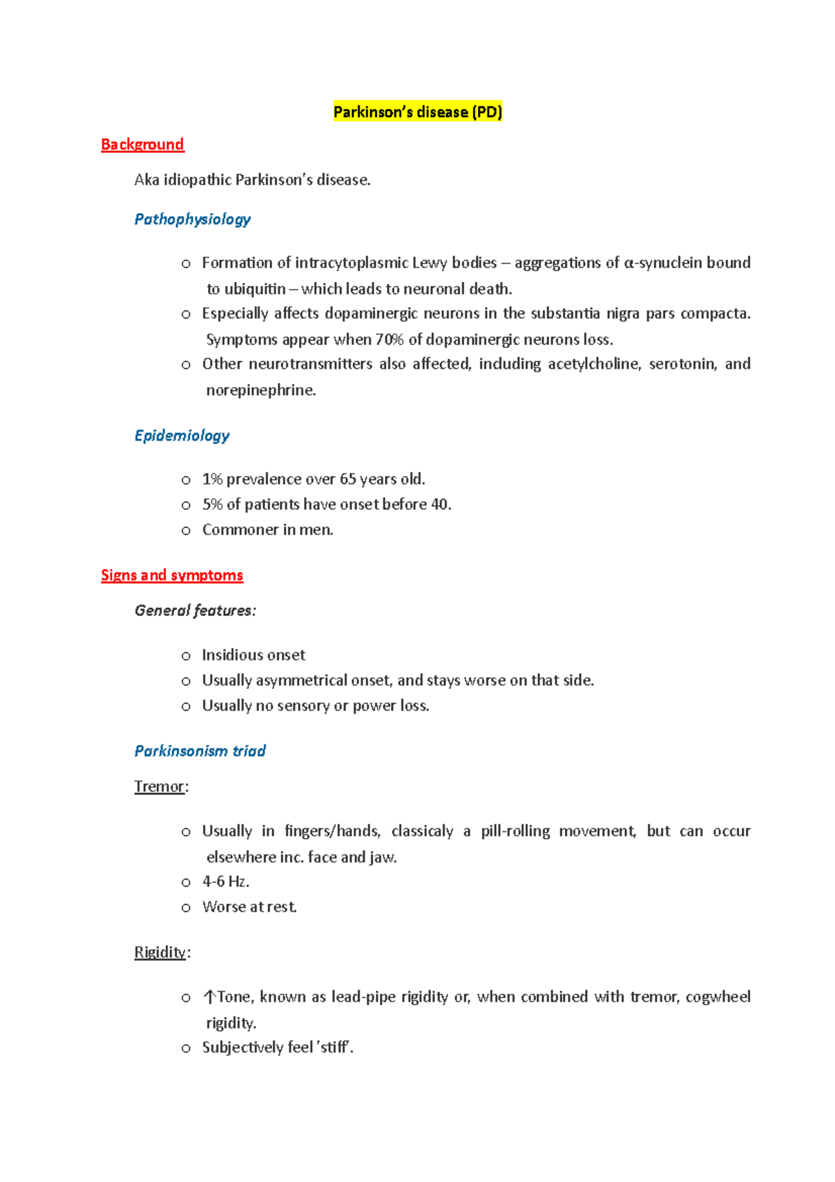 Parkisons disease - Lecture notes 1 - Parkinson’s disease (PD ...