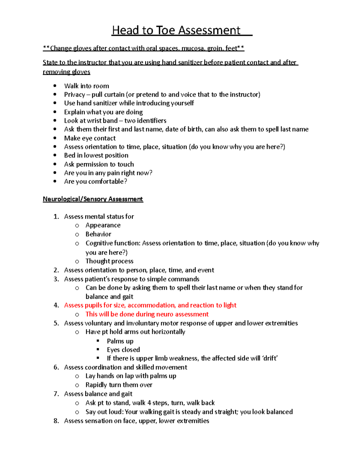 Head to Toe Assessment 1 - Head to Toe Assessment Change gloves after ...