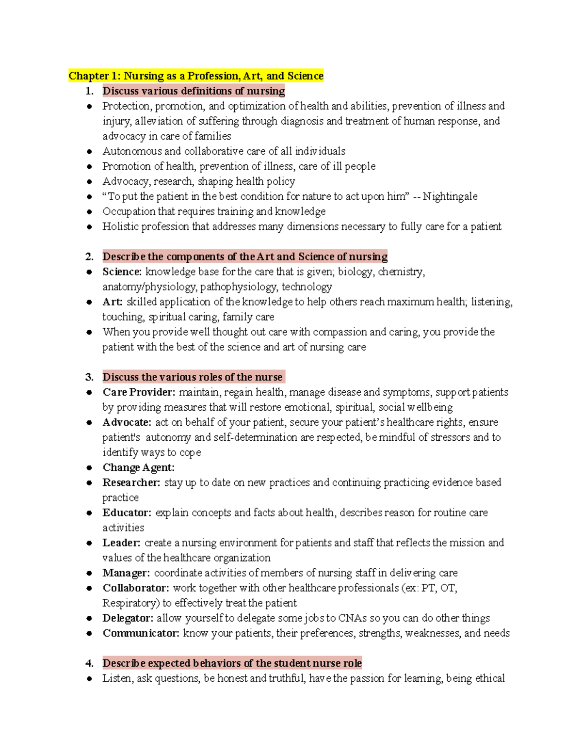 NRS 215 Exam 1 Review - Includes content on nursing as a profession/art ...