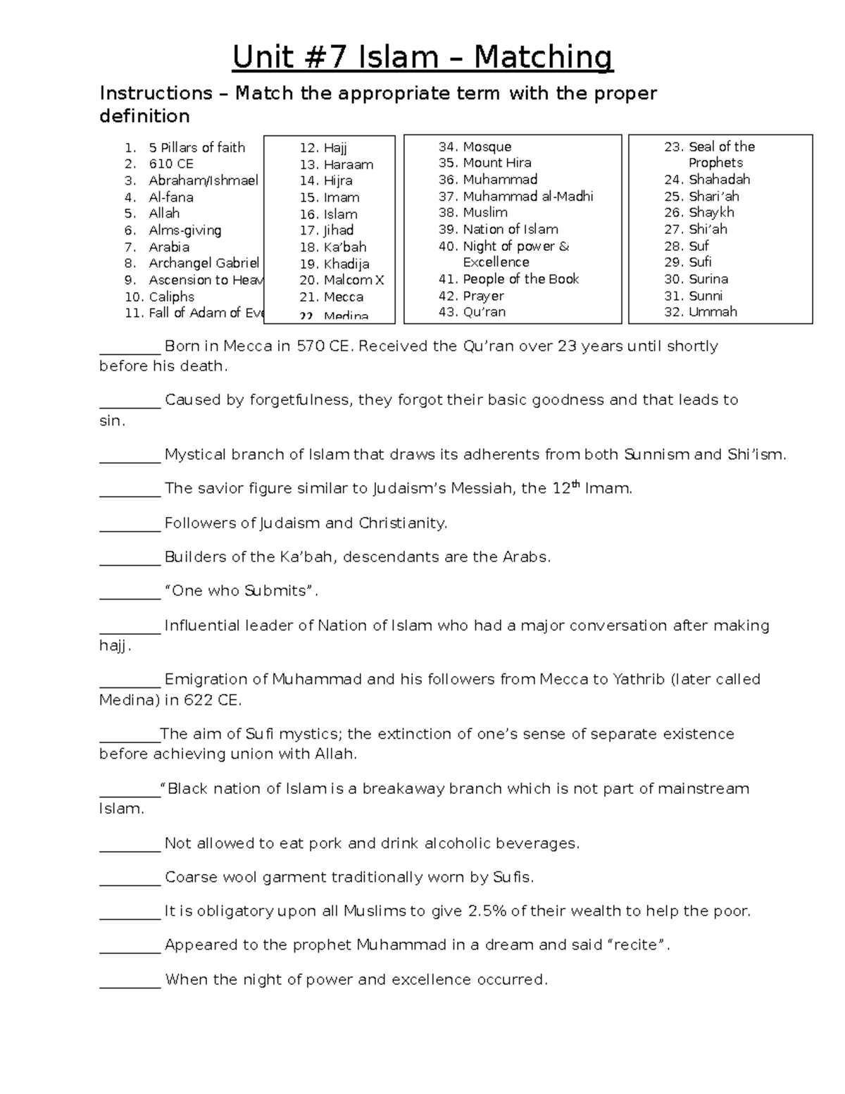 Unit 6 Islam matching - yrr - Unit #7 Islam – Matching Instructions ...