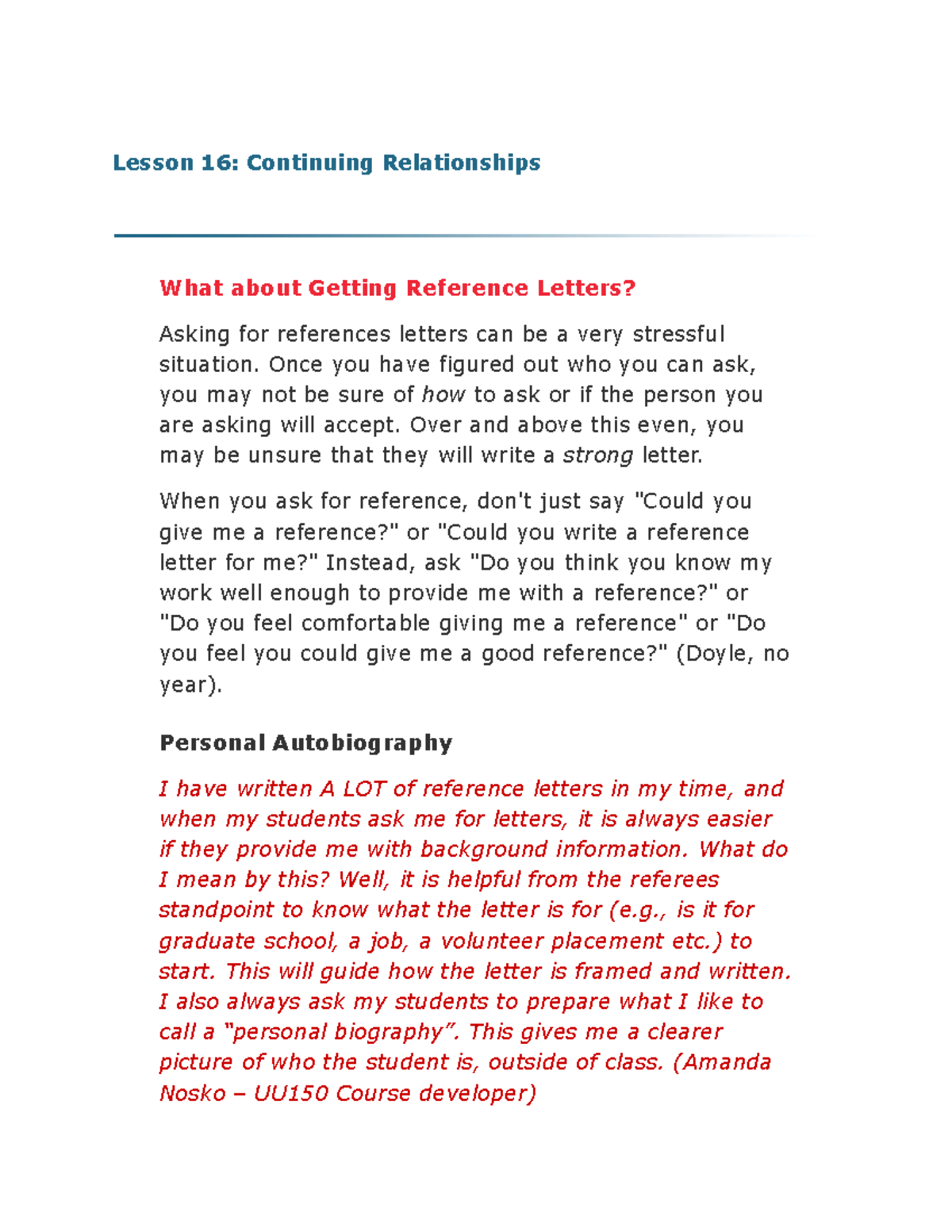 Asking for a reference letter - Lesson 16: Continuing Relationships ...