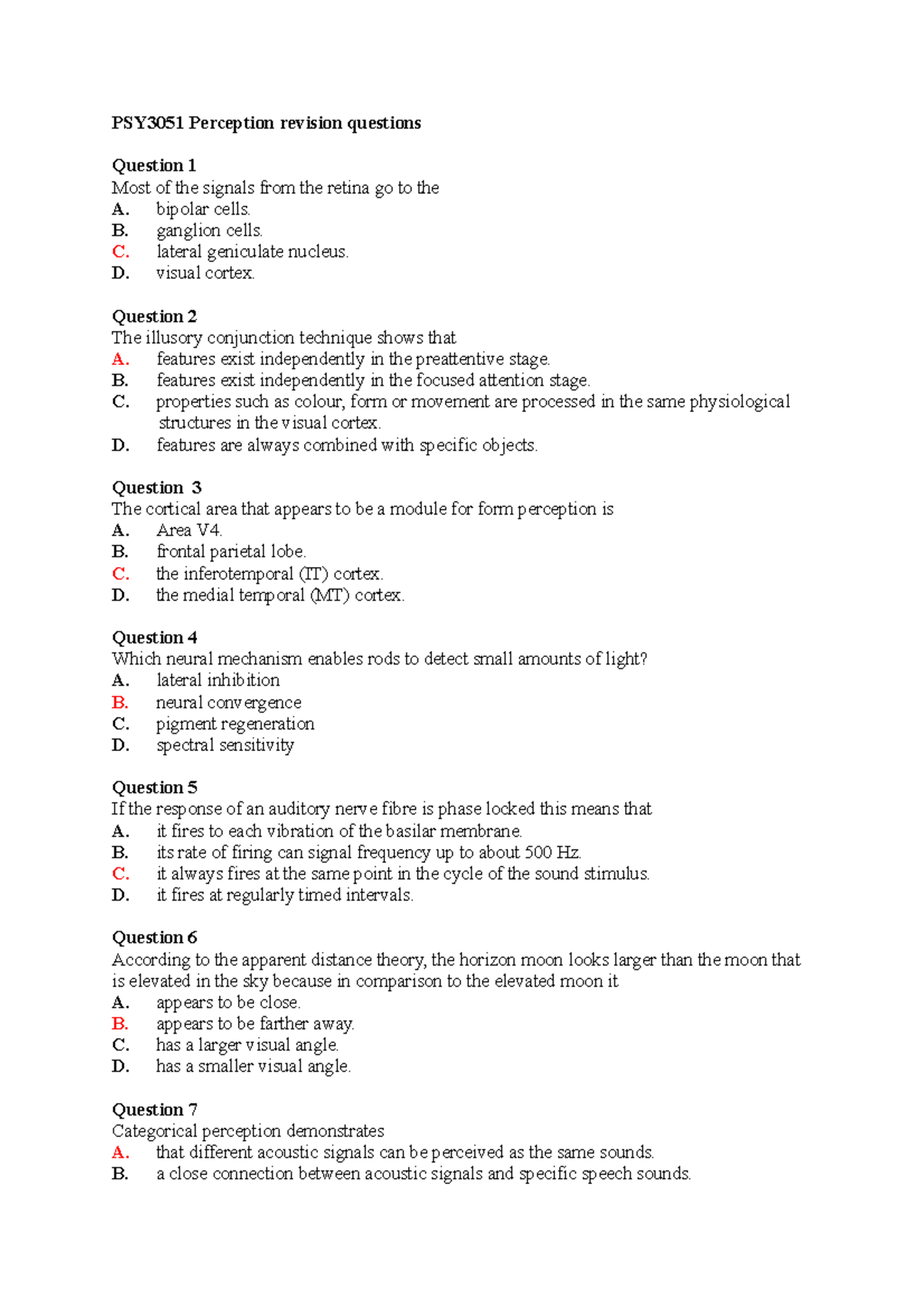 Perception Revision Questions - PSY3051 Perception revision questions ...