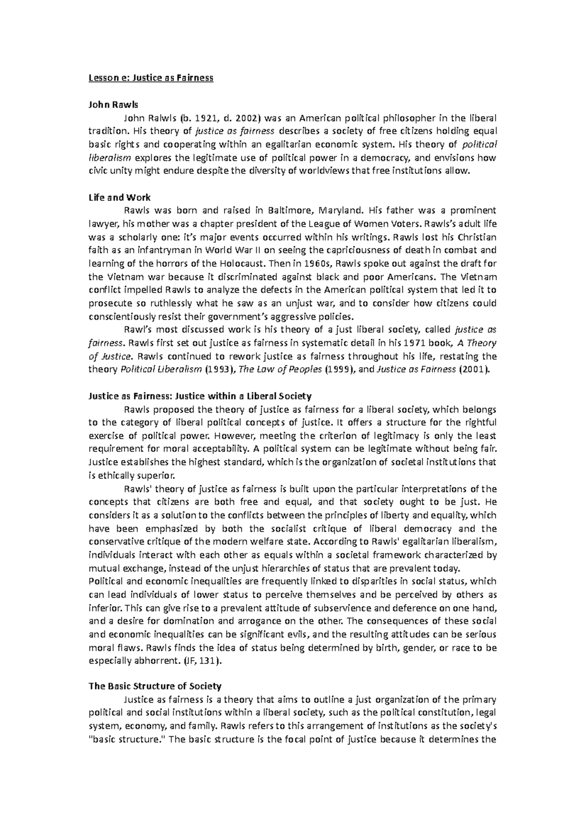 Group 5 Written Report (Rawls's Justice as Fairness) - Lesson e ...