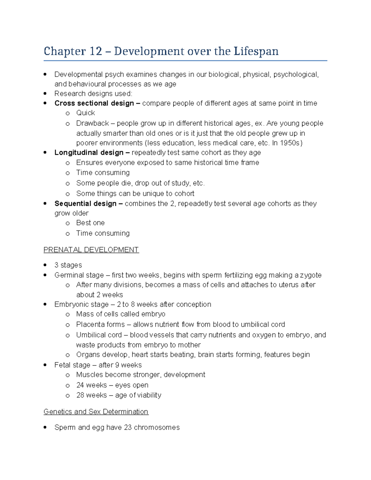 Psych - Chapter 12 - Taken during lectures - Chapter 12 – Development over the Lifespan - Studocu