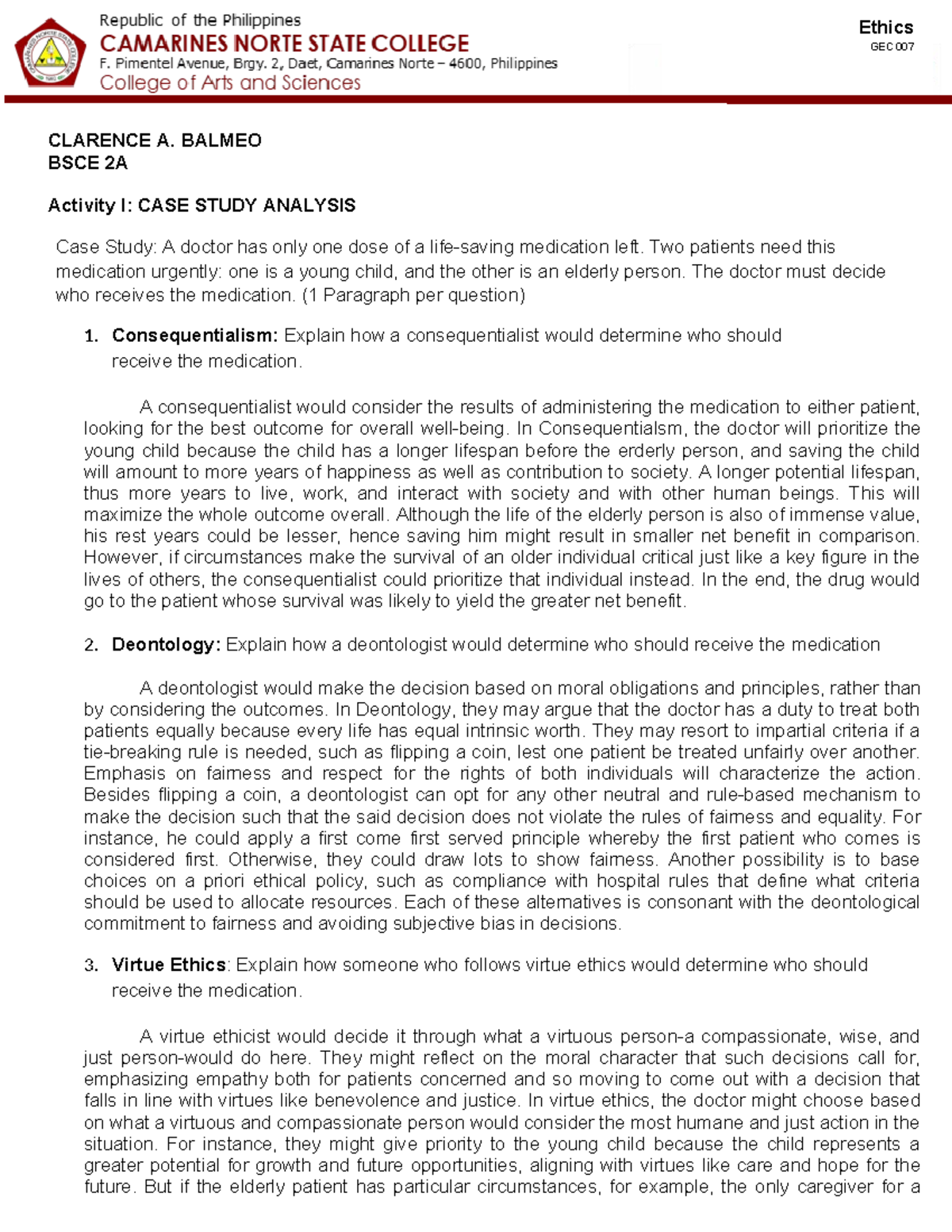 Ethics Activity 3 - Ethics GEC 007 CLARENCE A. BALMEO BSCE 2A Activity ...