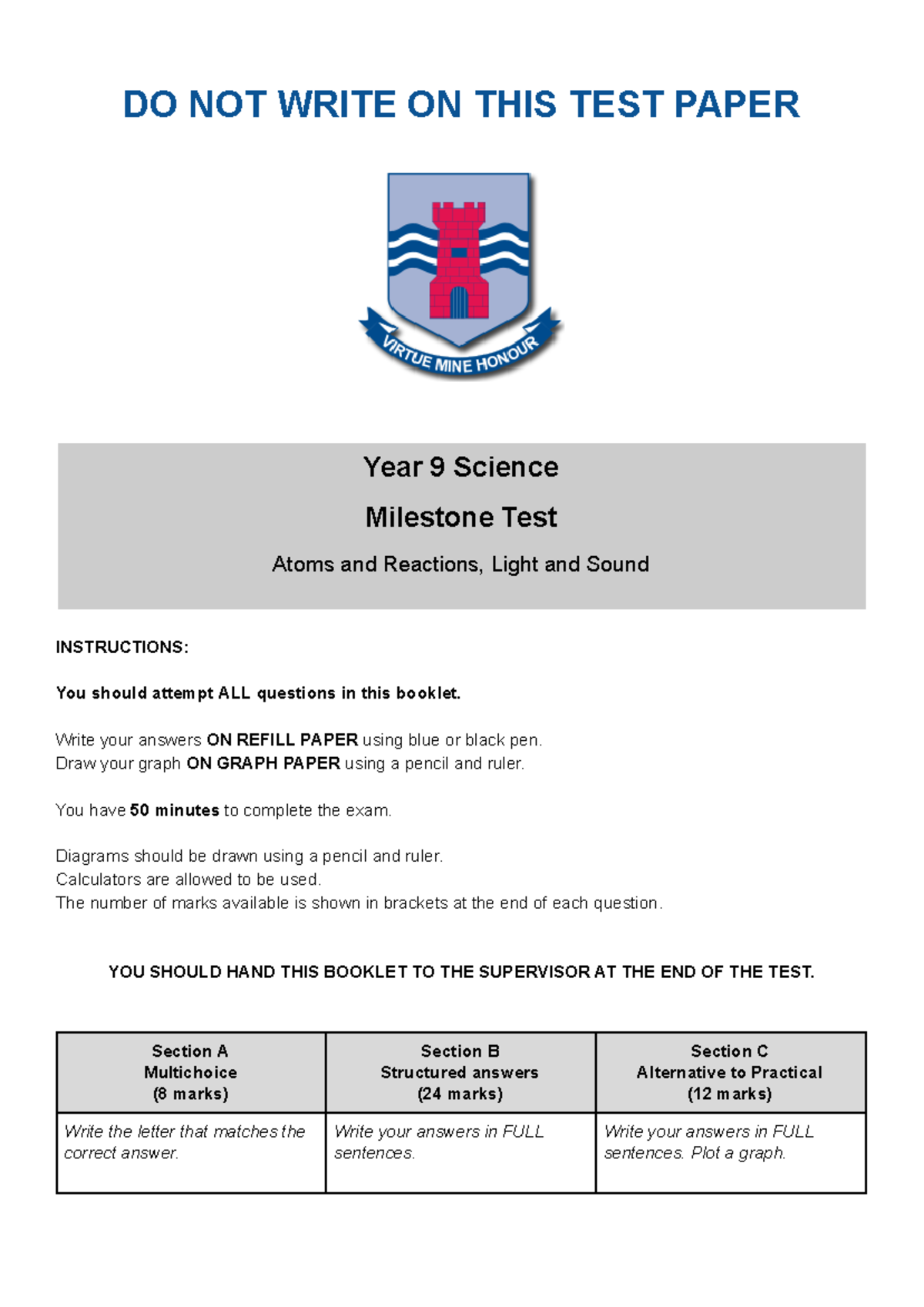 Plants, Light & Sound Y9 T3 Science Past paper - DO NOT WRITE ON THIS ...
