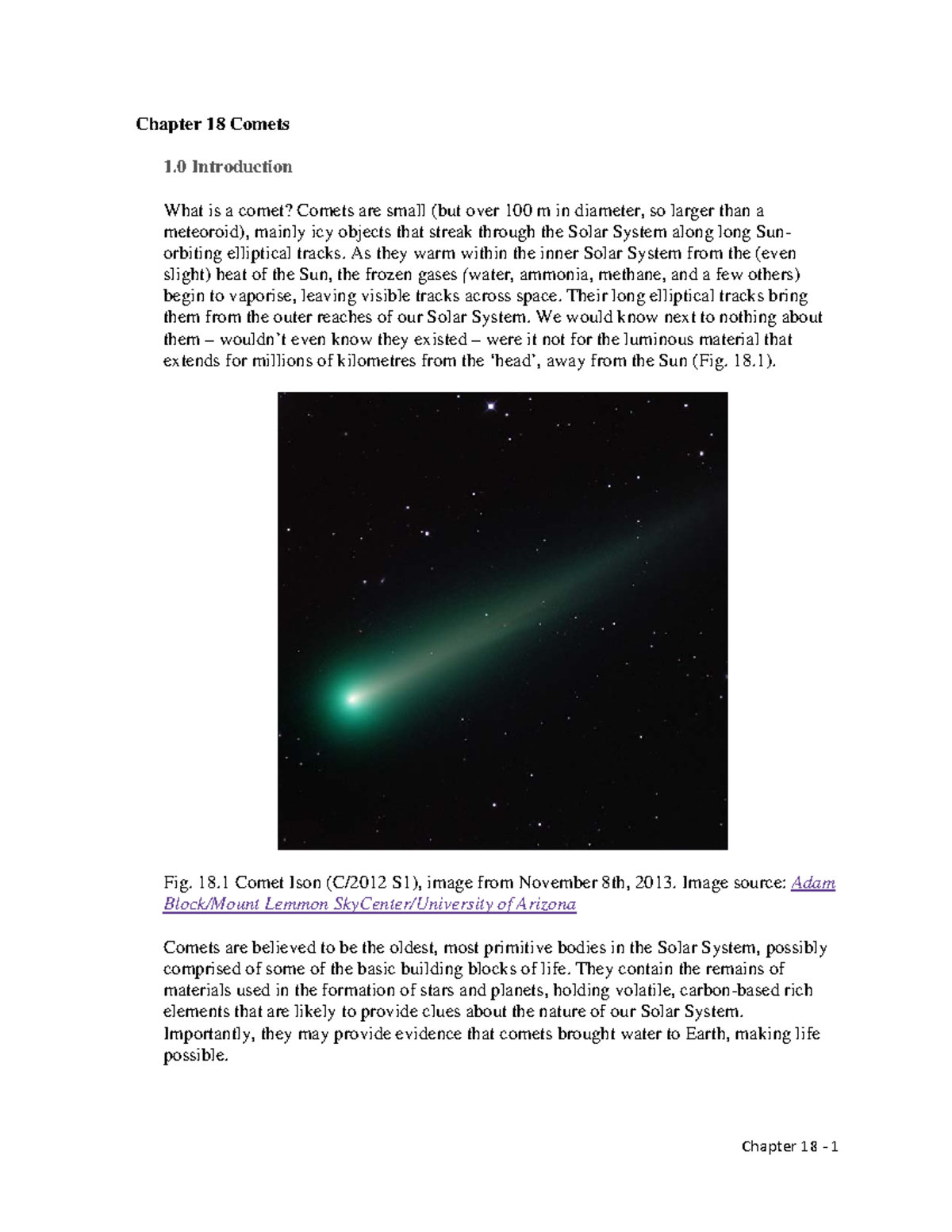 Chapter 18 (Comets ES) - notes - Chapter 18 Comets 1 Introduction What ...