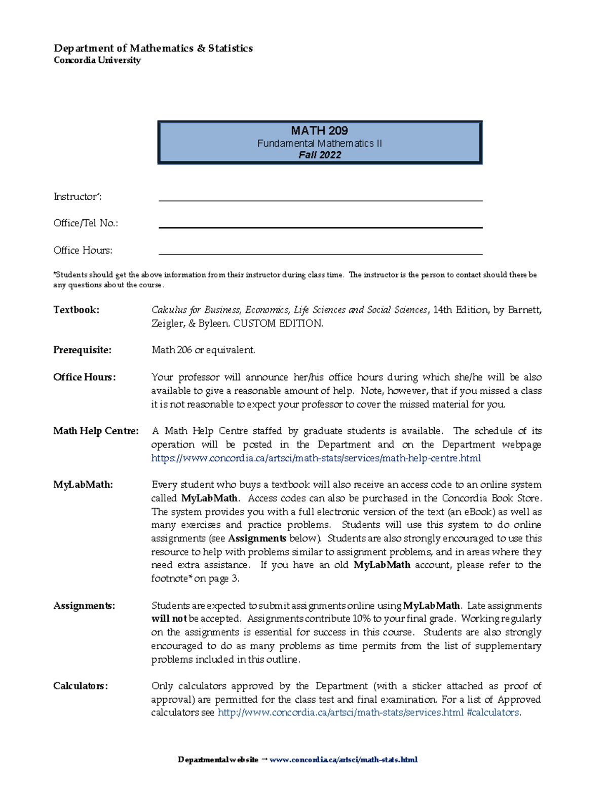 Math 209 - Course Outline - Departmental website concordia/artsci/math ...