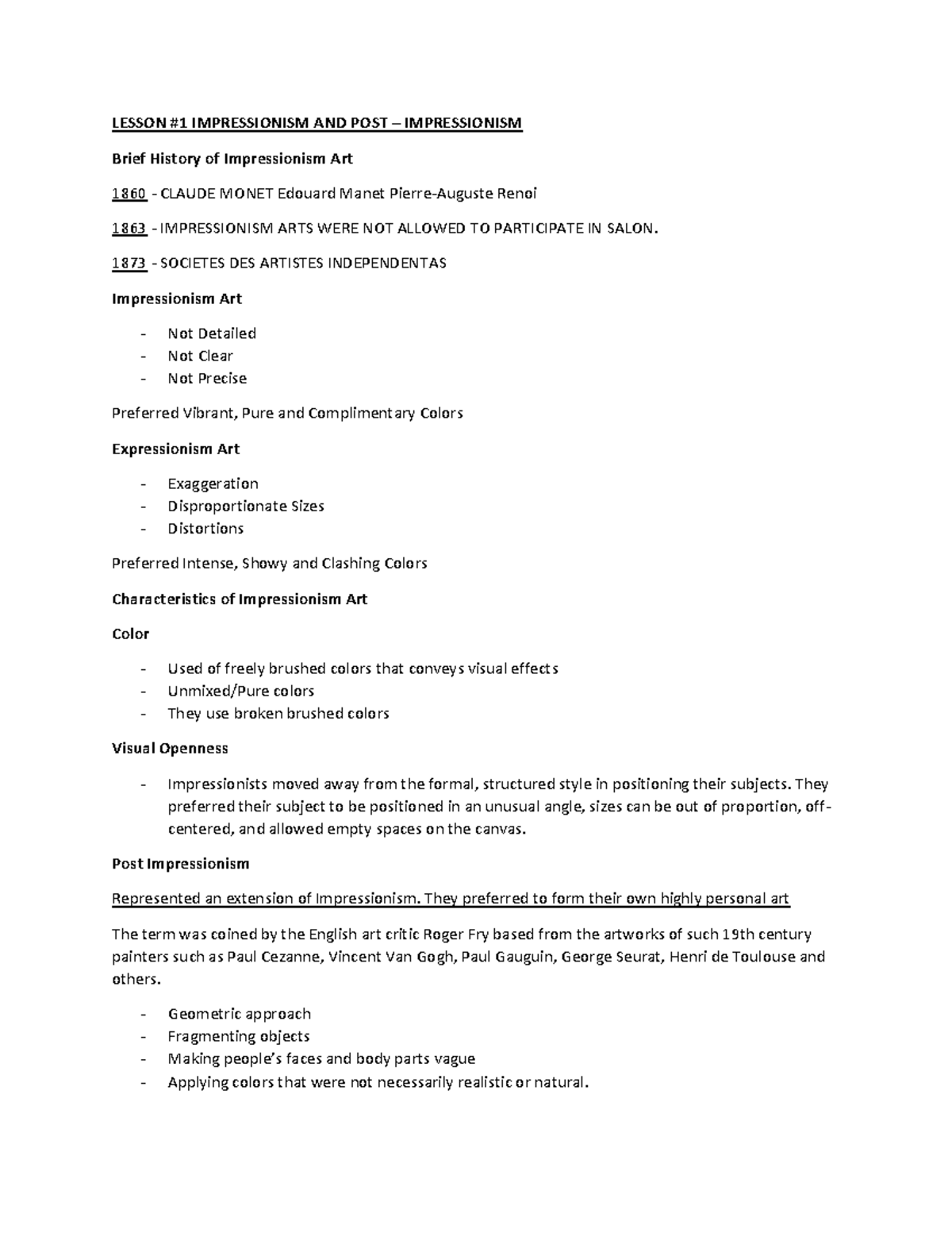 Lesson 1 and 2 Arts - mmmmmmmmmm - LESSON #1 IMPRESSIONISM AND POST ...