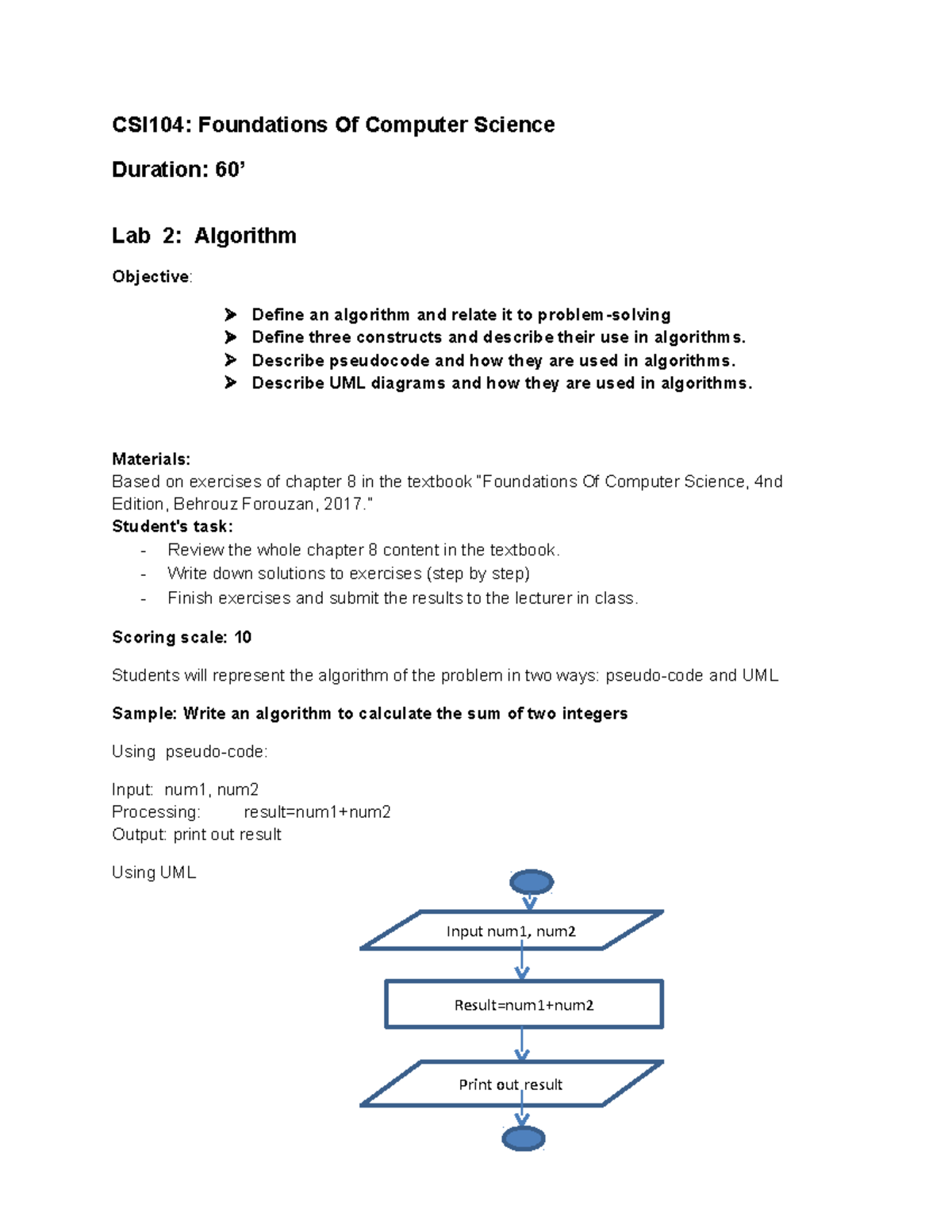 Lab 02 - ..ádasdasdas - CSI104: Foundations Of Computer Science Duration: 60’ Lab 2: Algorithm ...