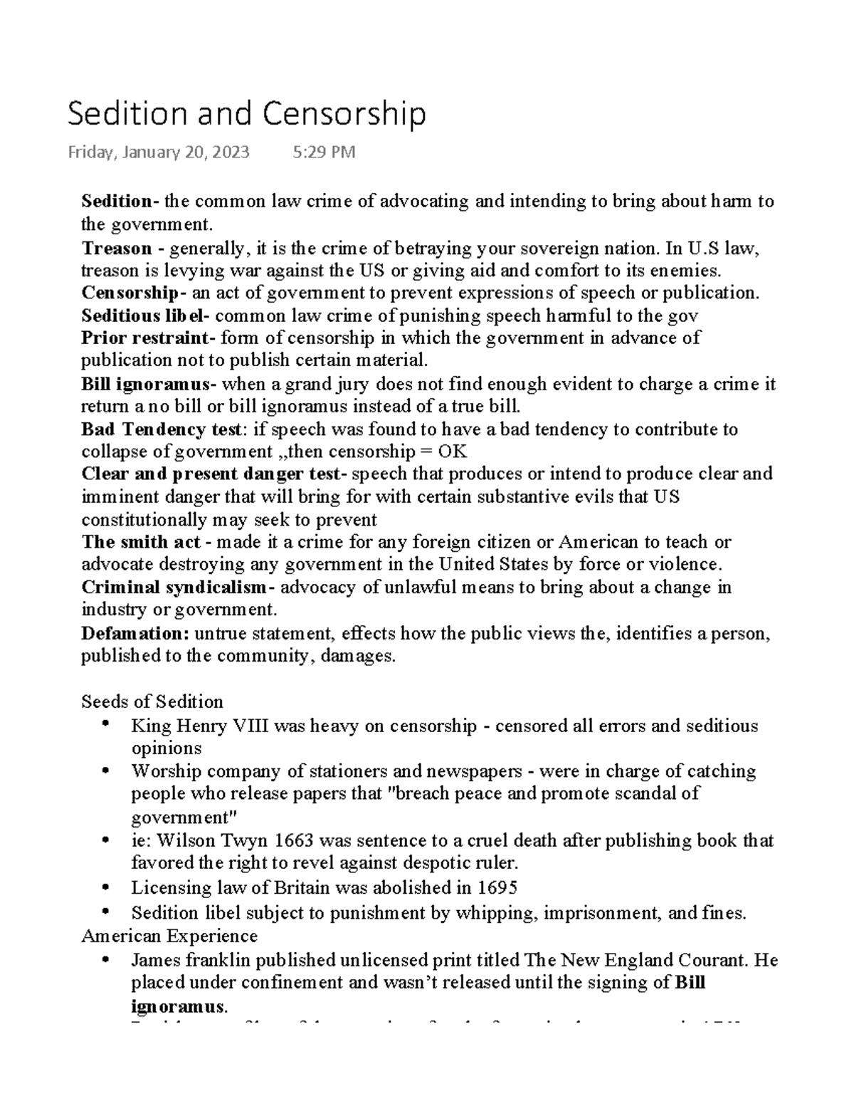 Sedition and Censorship - Sedition- the common law crime of advocating ...