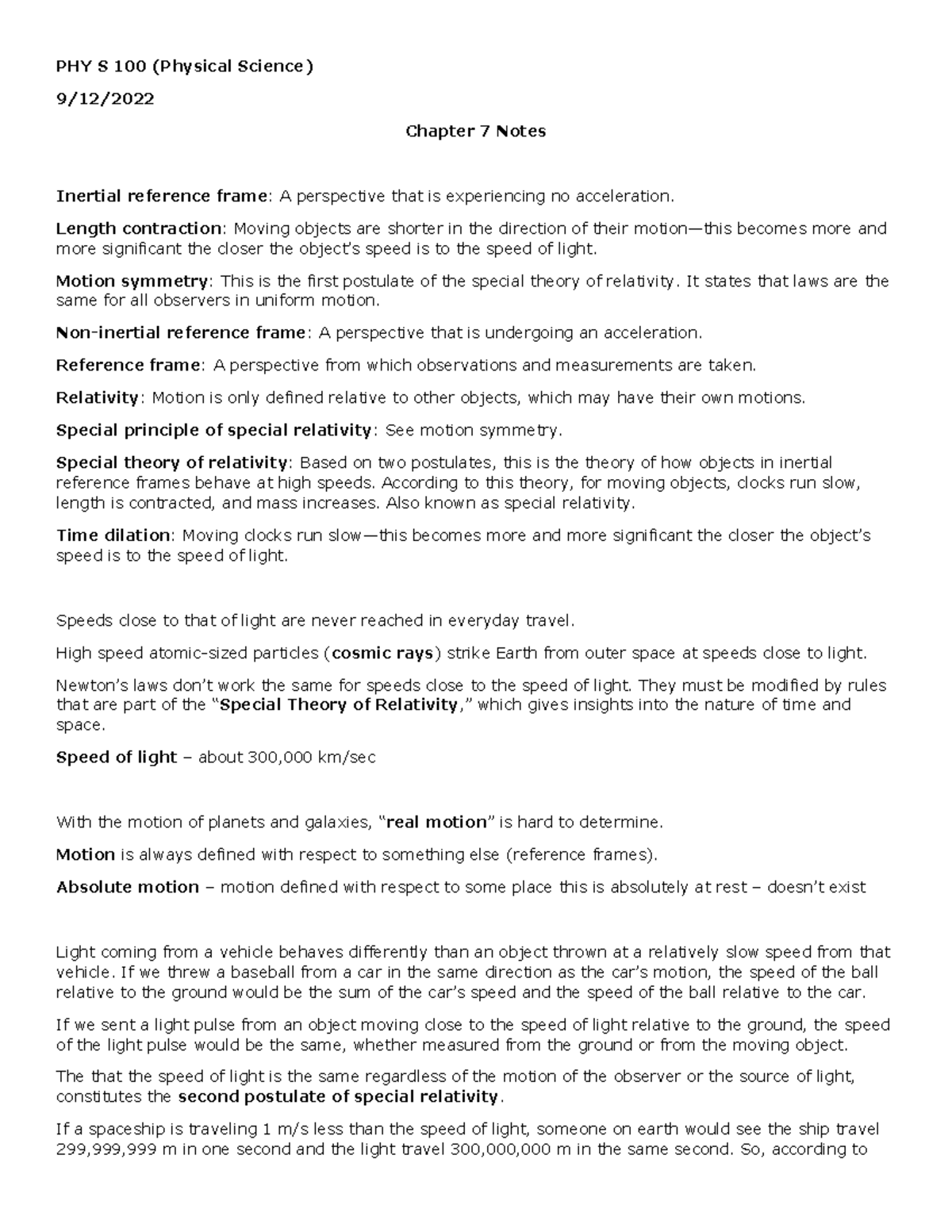 Chapter 7 Notes - Online remote course. - PHY S 100 (Physical Science ...